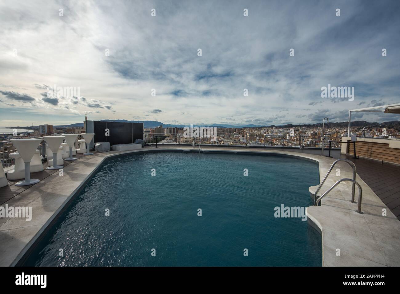Spain - Malaga swimming pool on the rooftop at downtown of Malaga city ...