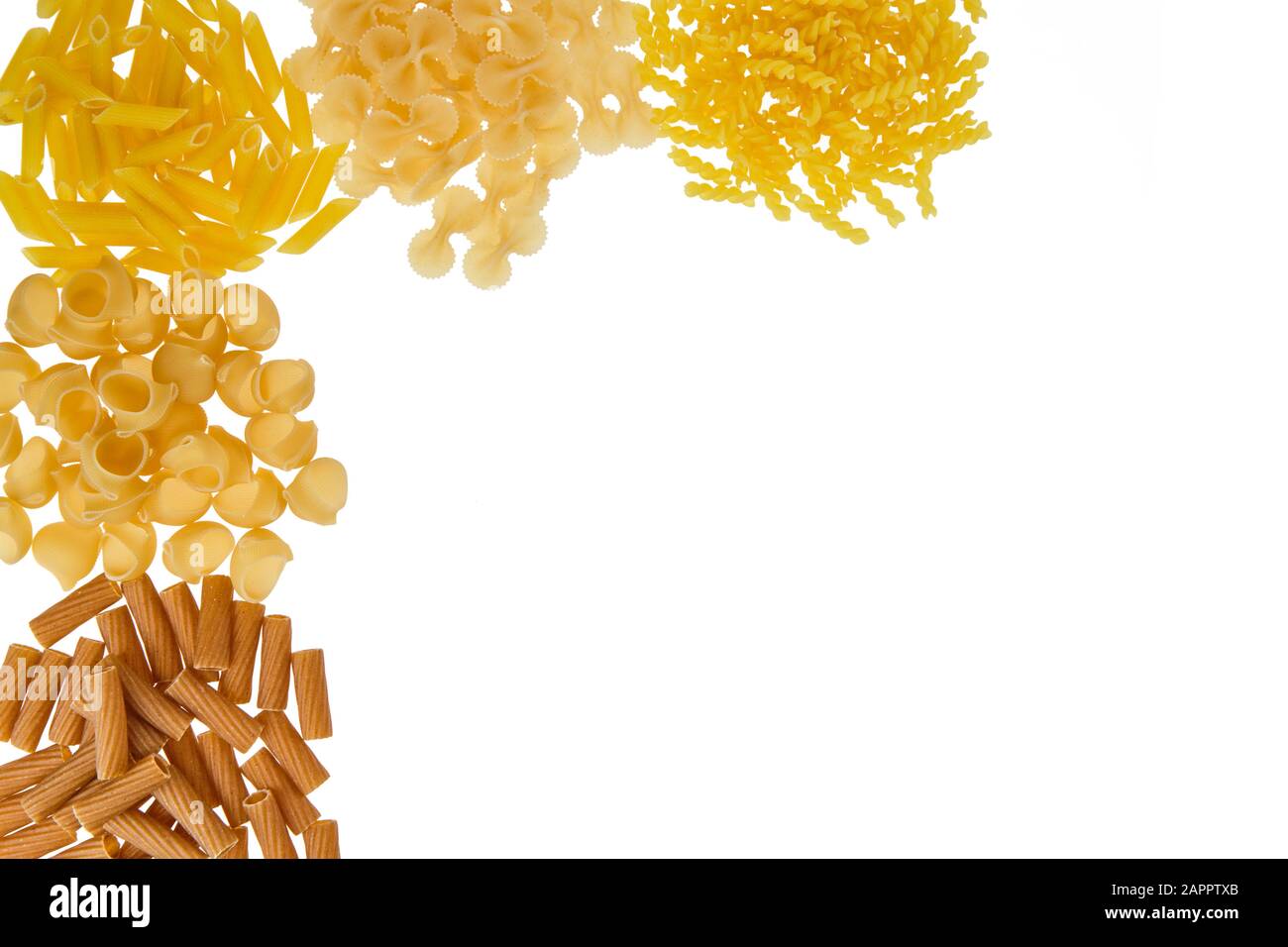 Overhead view of various kinds of pasta isolated on white Stock Photo ...