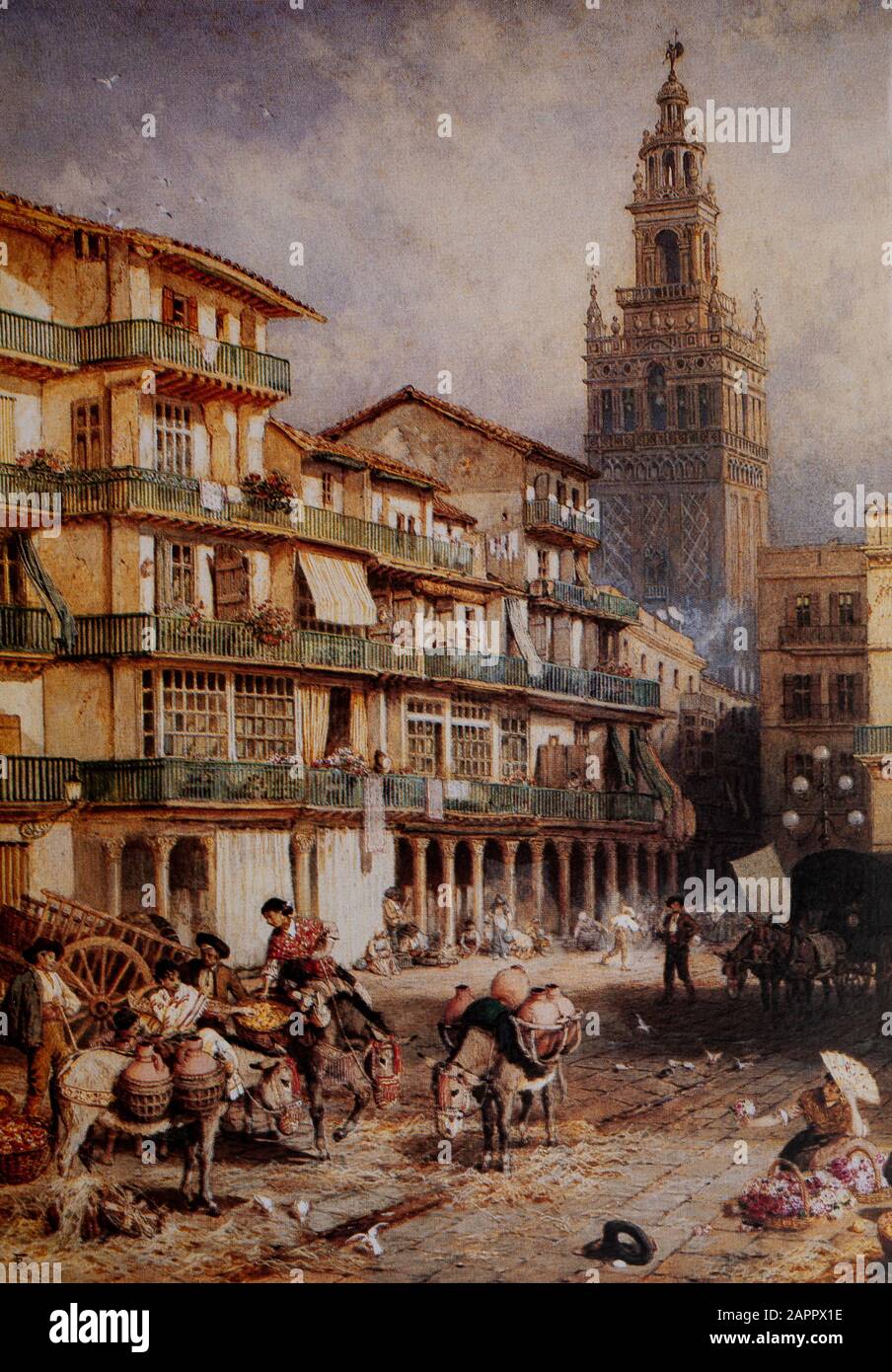 19th Century Spanish street scene in Seville, Andalusia, with the ...