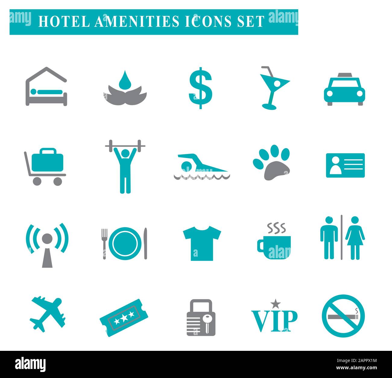 Hotel amenities turquoise and grey symbol icons set symbols Stock ...