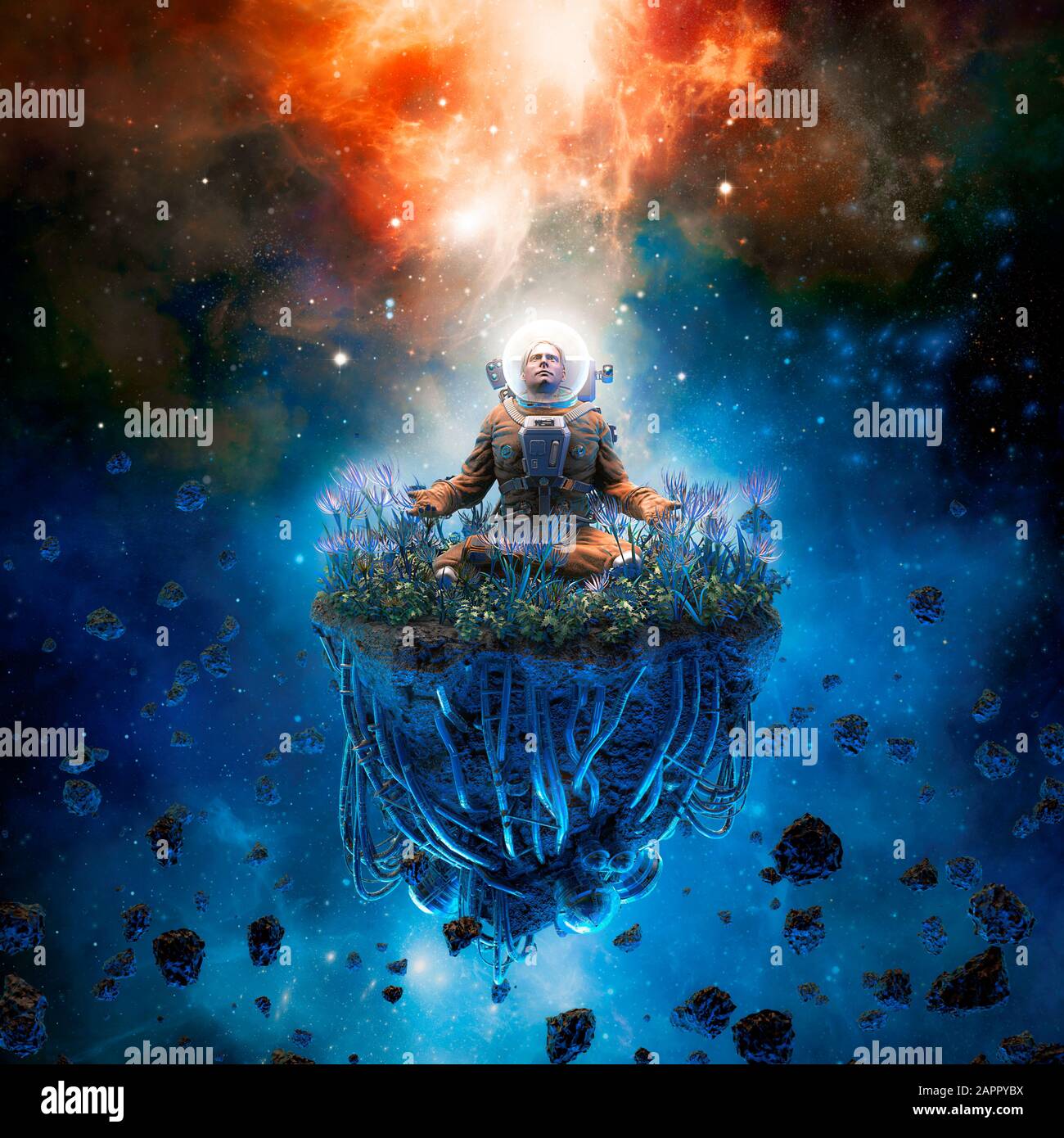 The cosmic gardener / 3D illustration of surreal science fiction scene ...