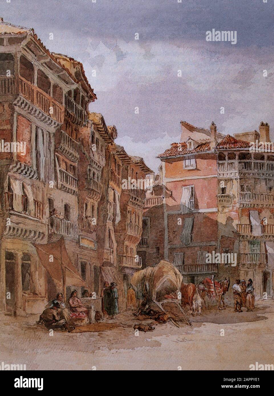 A late 19th Century street scene in Segovia, a historic city northwest ...