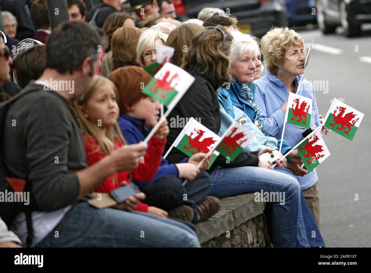 Wales, Brecon, Tour of Britain 14th September 2012. Spectators wave ...