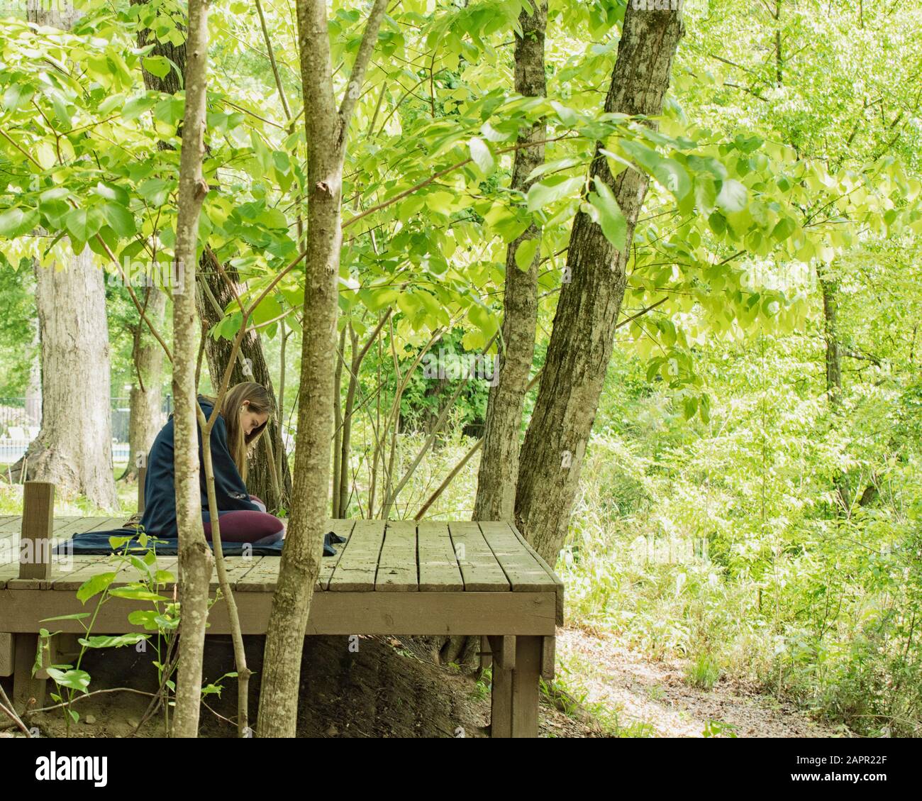 Teenage girl sitting on a deck beneath a stand of trees. She is sitting ...