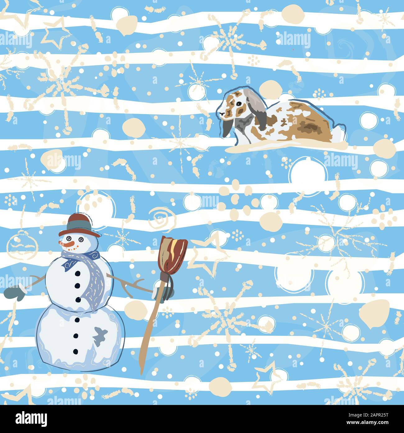 Seamless winter pattern with doodles, bunny and snowman. Vector ...