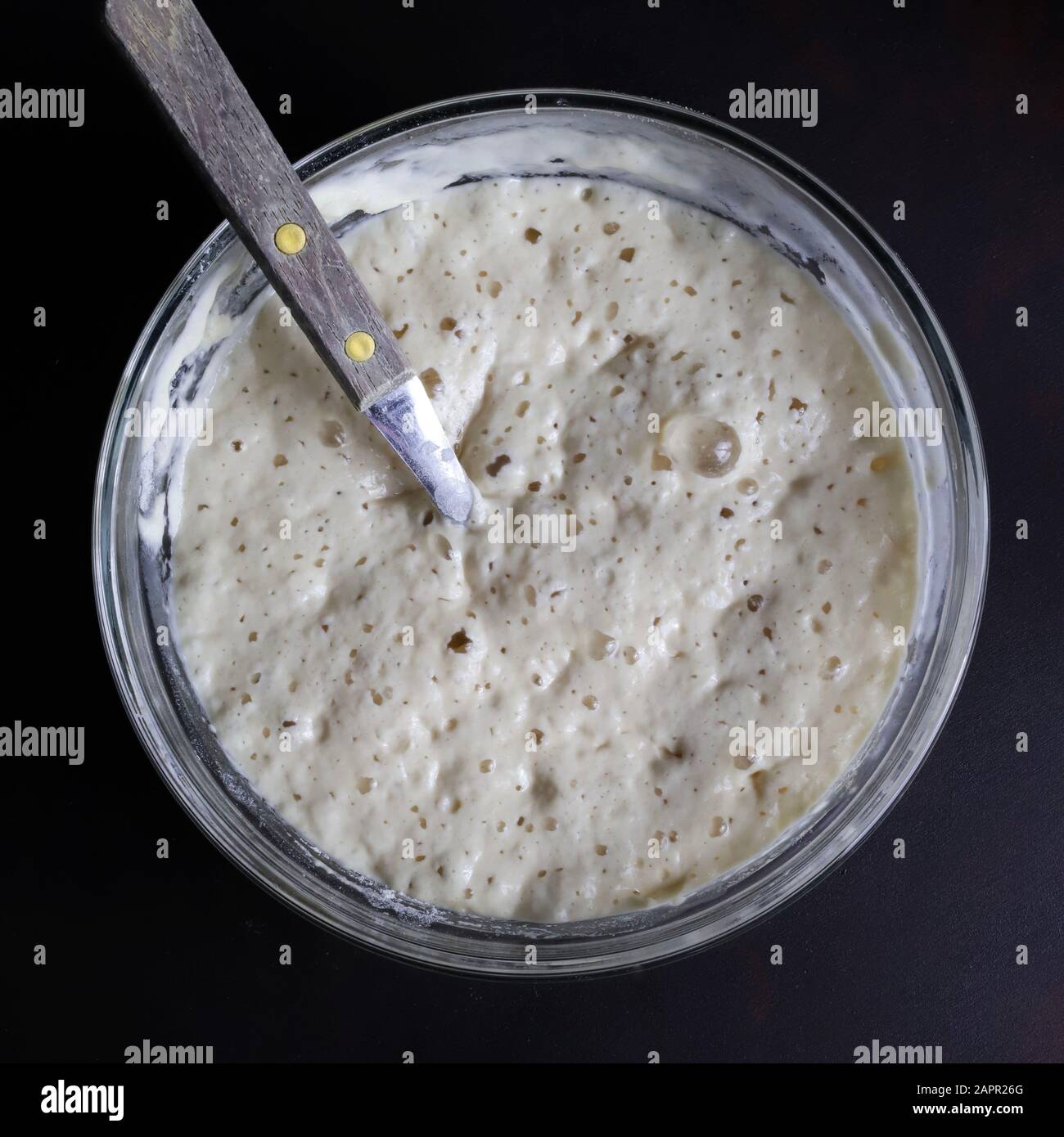 Cooking process. Top view of bowl with dough leaven. Preparing yeast ...