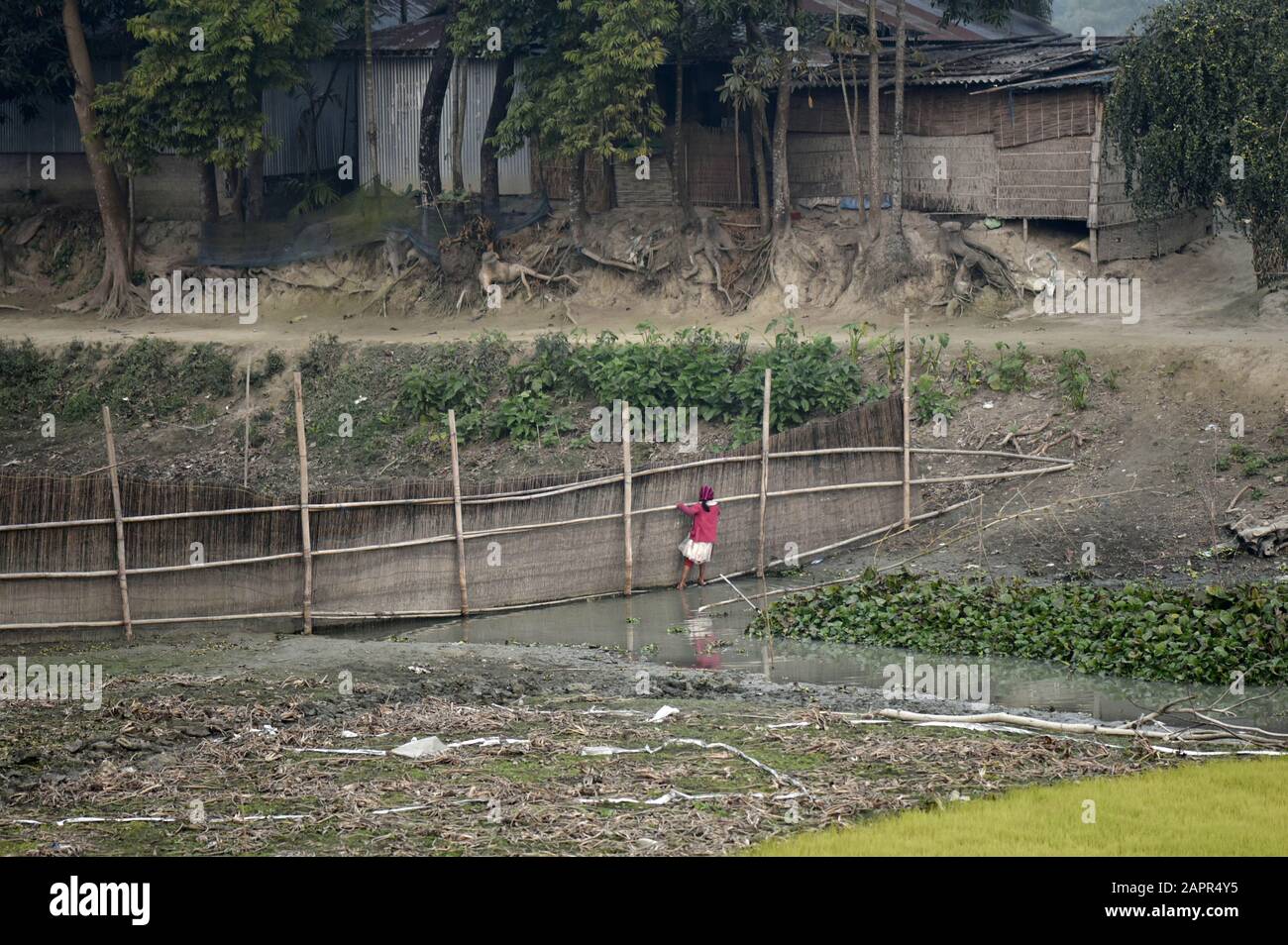 January 24, 2020, Barpeta, Assam, India: A girl crossing a water stream ...
