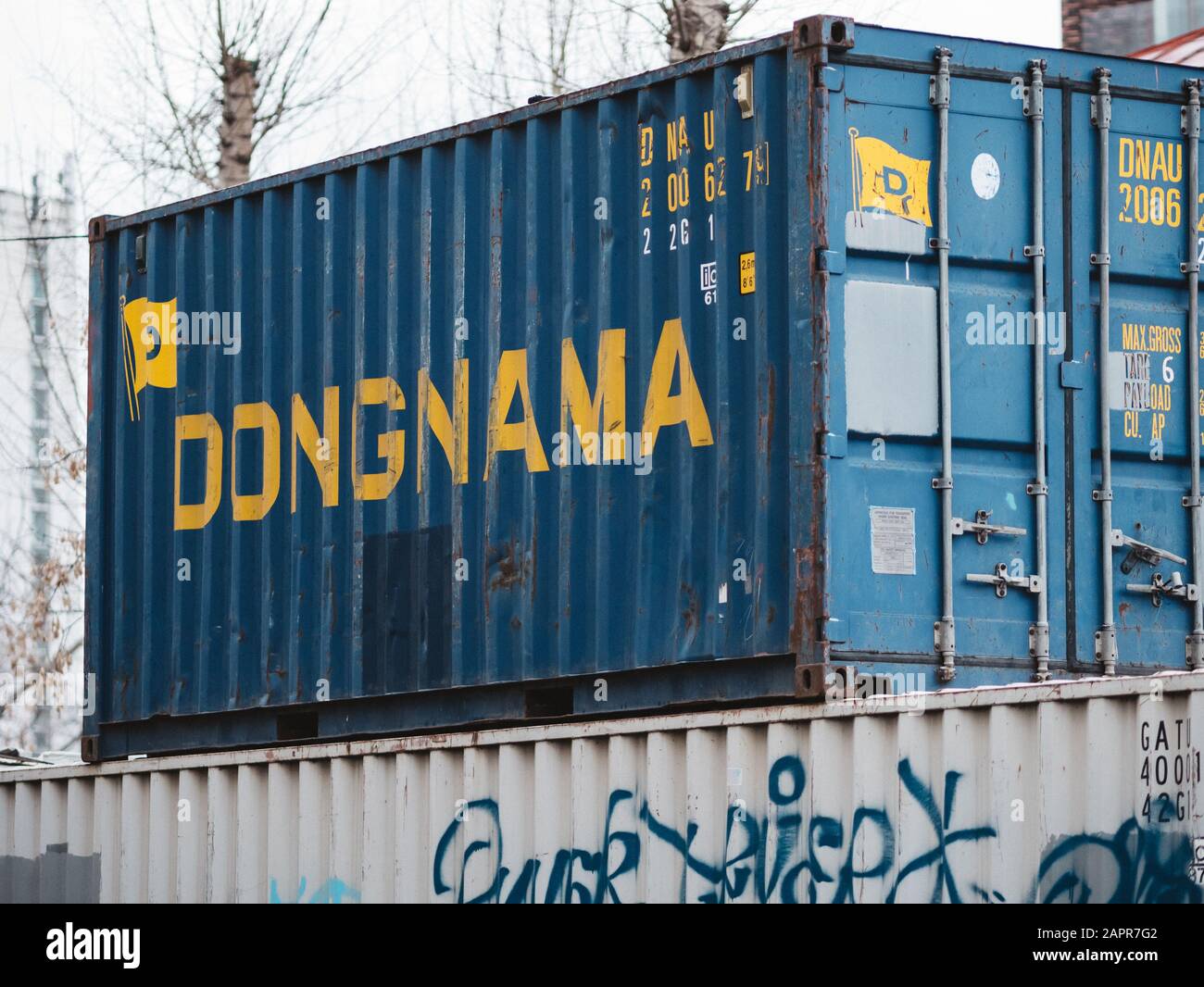 Moscow, Russia - January 17, 2020: Blue 20 foot sea container with ...