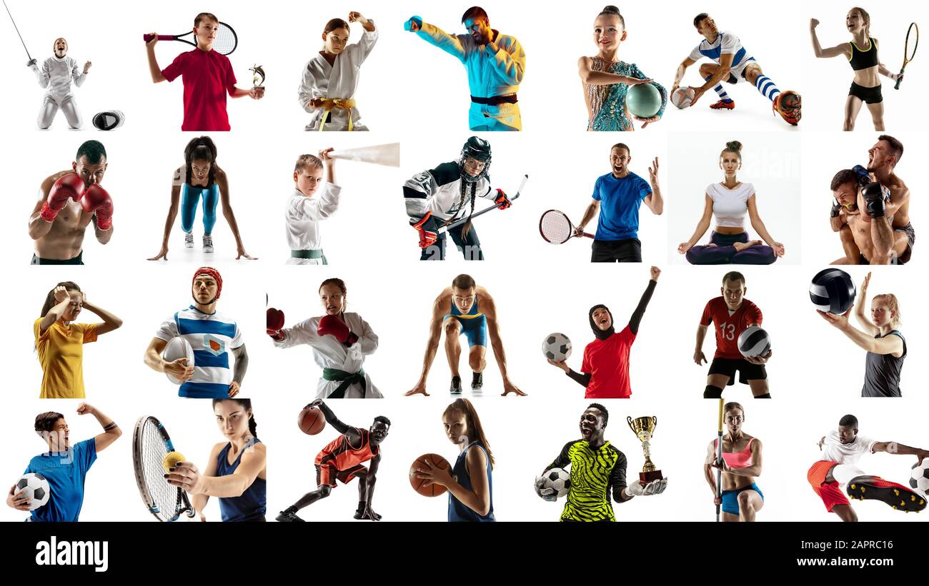 Portrait of multiethnic group of sportsman on white background. Flyer ...
