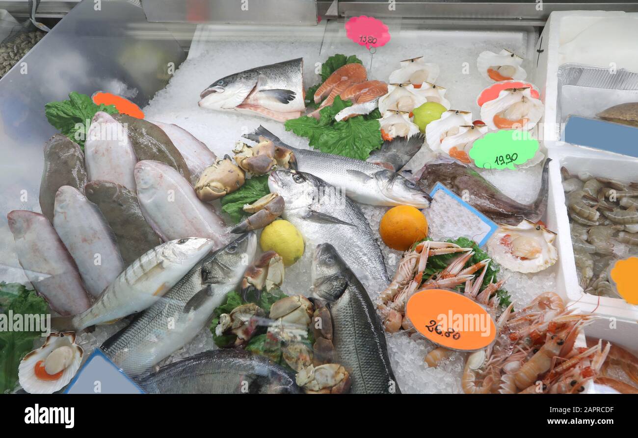 Freshly caught fresh fish for sale at a spring fish market stall Stock ...