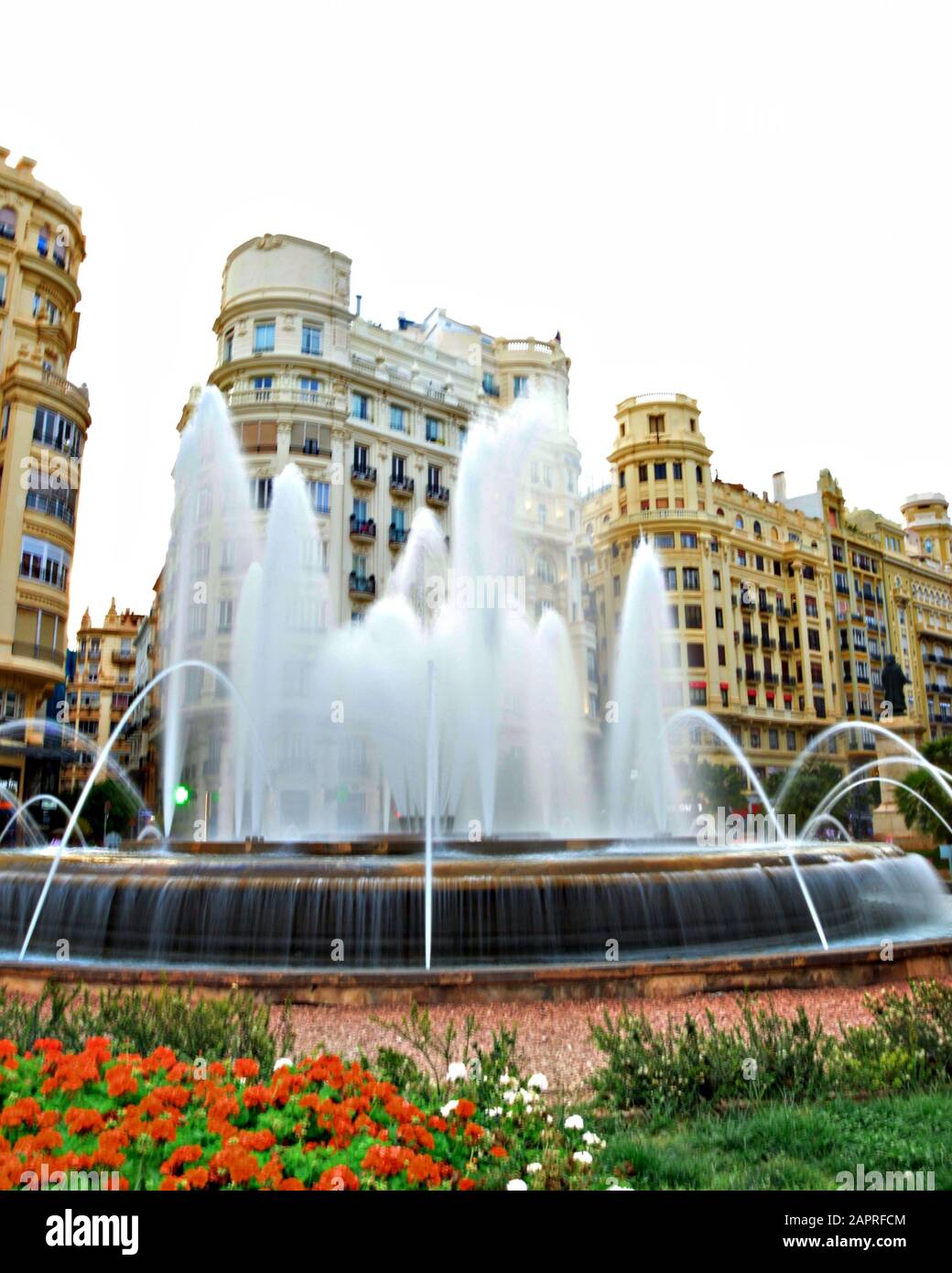 Beautiful view of a water fountain surrounded by greenery and buildings ...