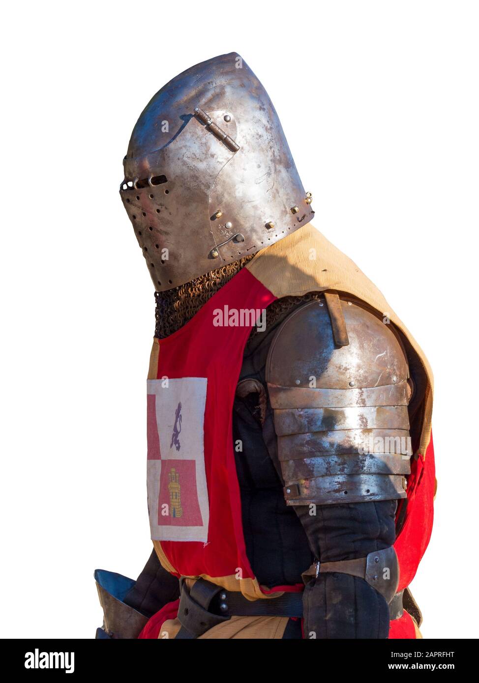Spanish medieval knight with a metal helmet isolated on a white ...