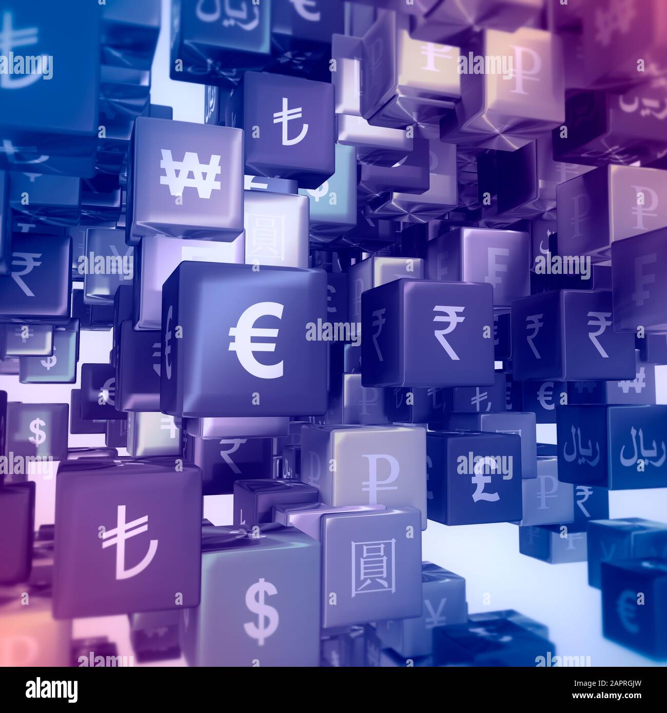 Currency symbols on vibrant multicolored plastic reflective cubes ...