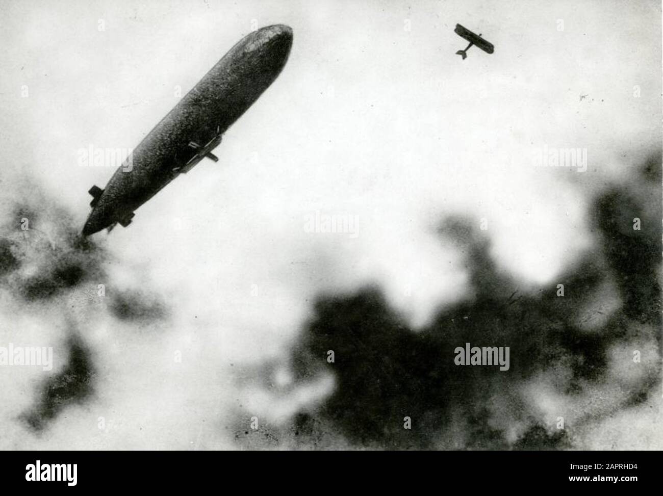 World War I: Air War: A French zeppelin/French airship is attacked by a ...