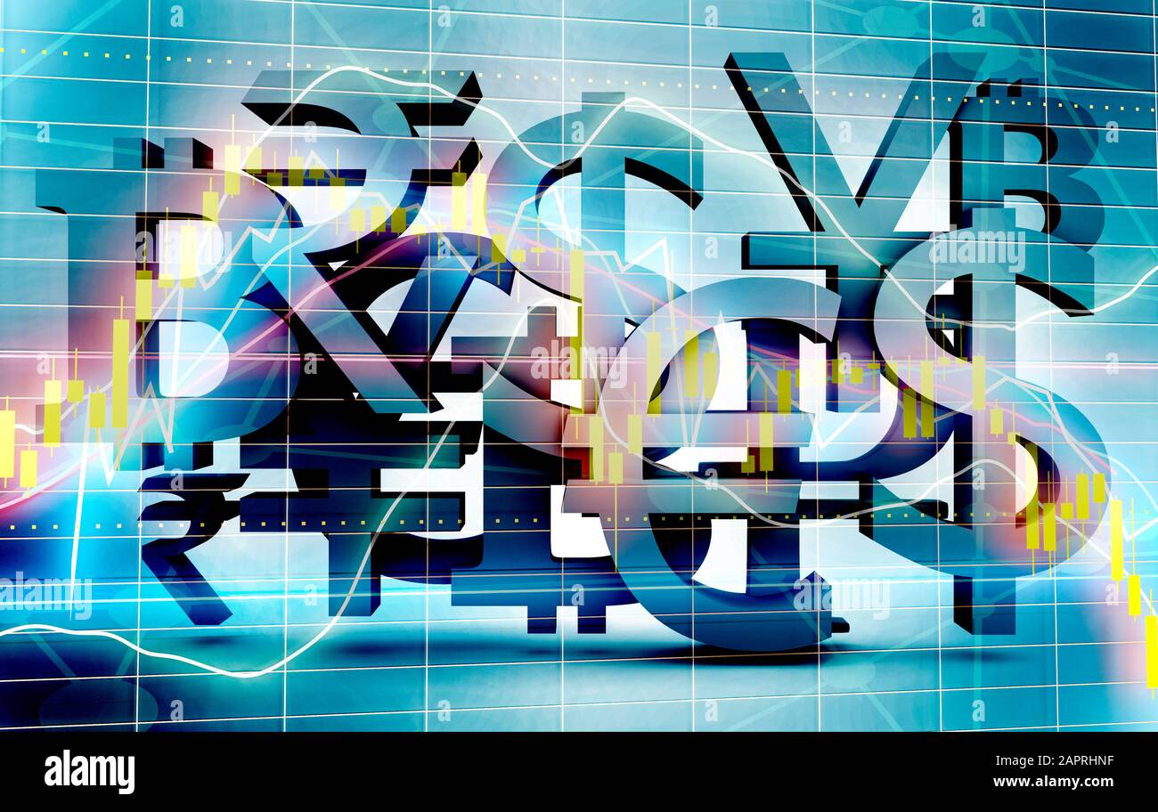 Currency symbols collage relative to trading. Financial market chart on ...