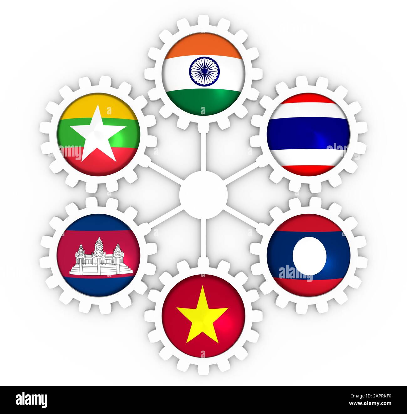 Mekong Ganga cooperation. Politic and economic union members flags on ...