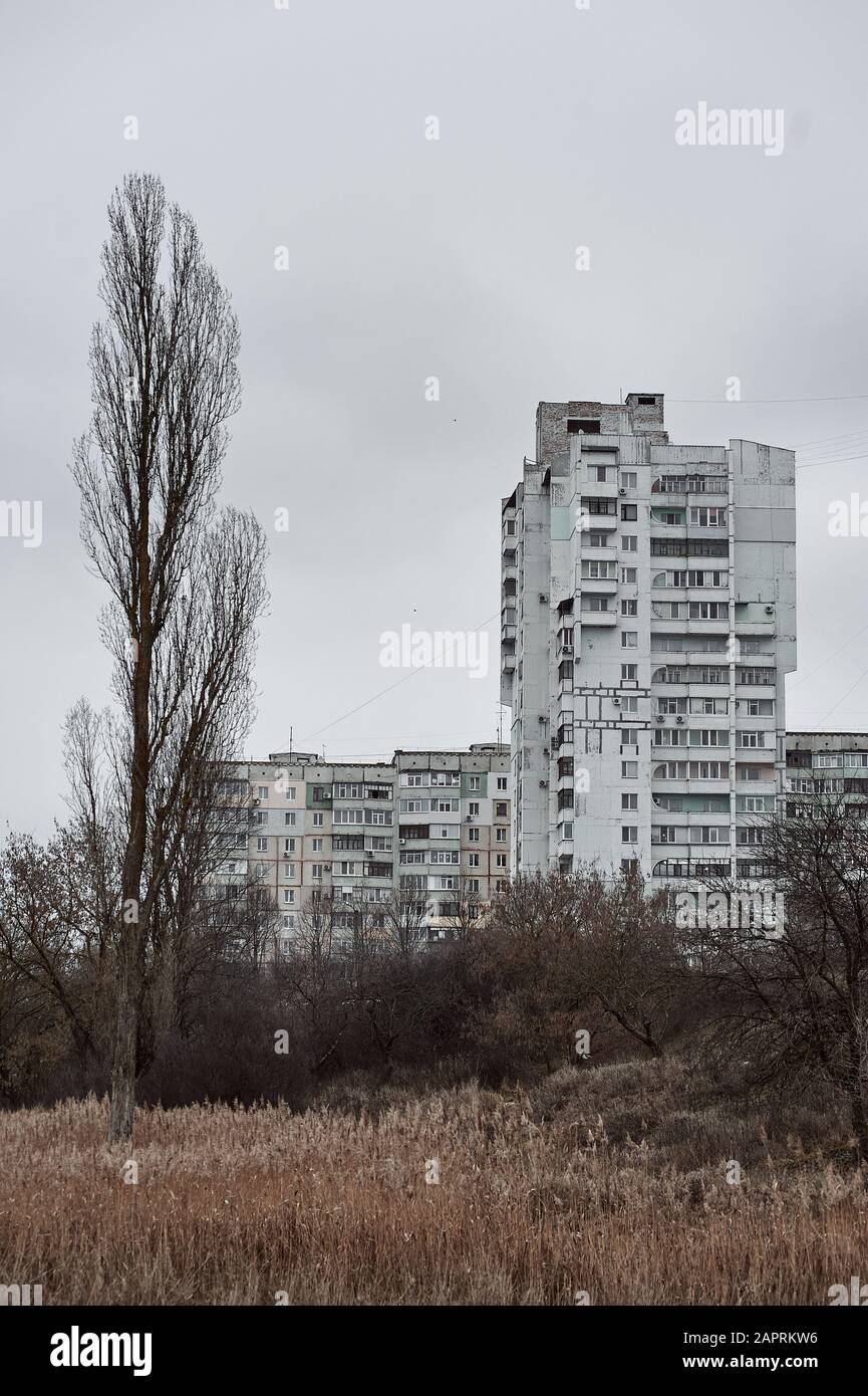 abandoned high-rise building of the Soviet Union in the city Stock ...