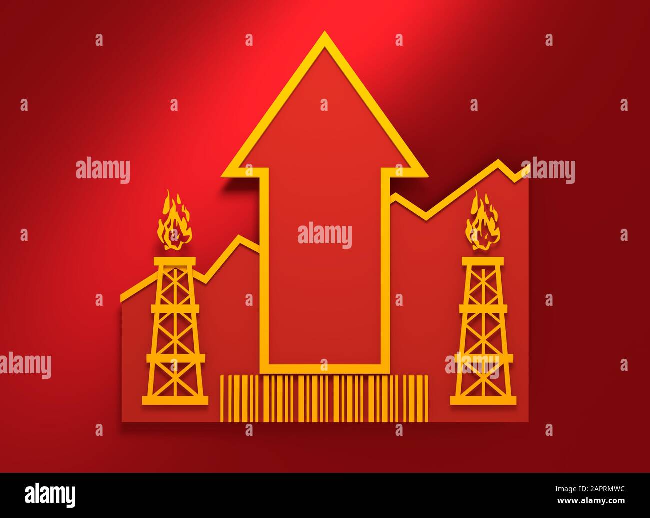 Gas rig icon and rise up arrow. Growth diagram and bar code. 3D ...