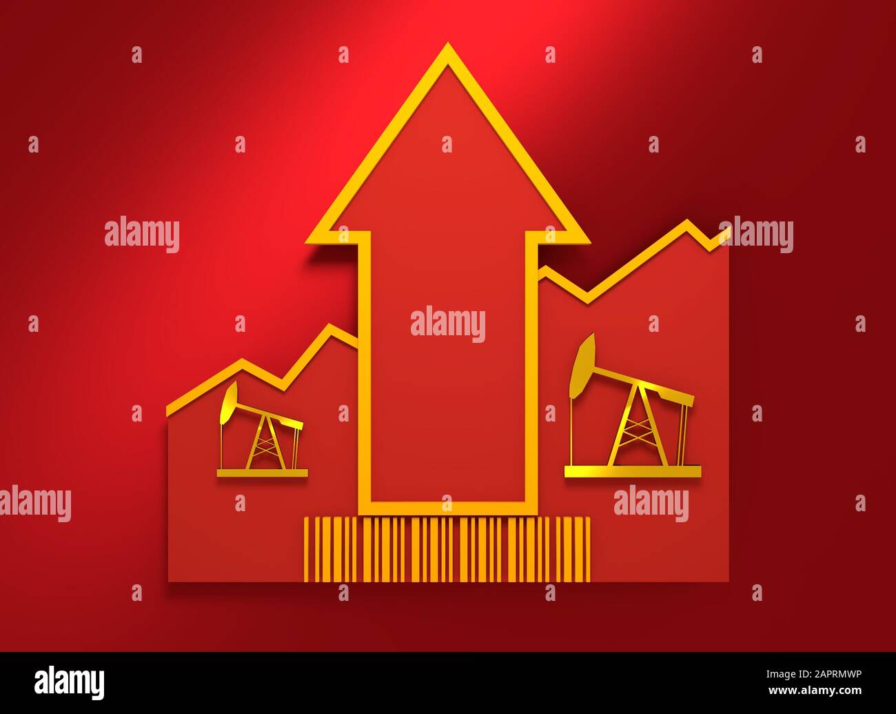 Oil pump icon and rise up arrow. Growth diagram and bar code. 3D ...