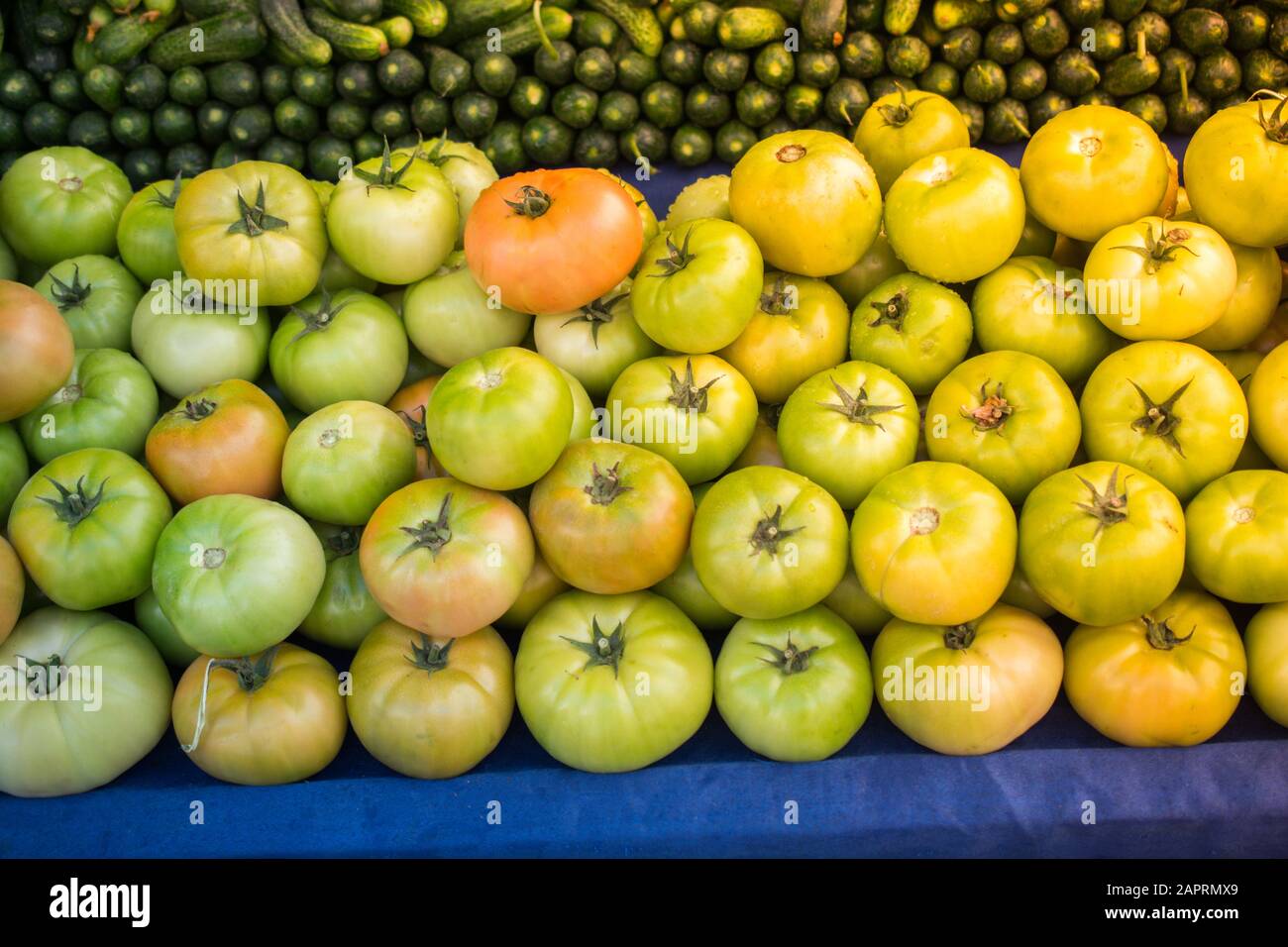 Green unripe tomato at grocery store for food backgrounds concept Stock ...