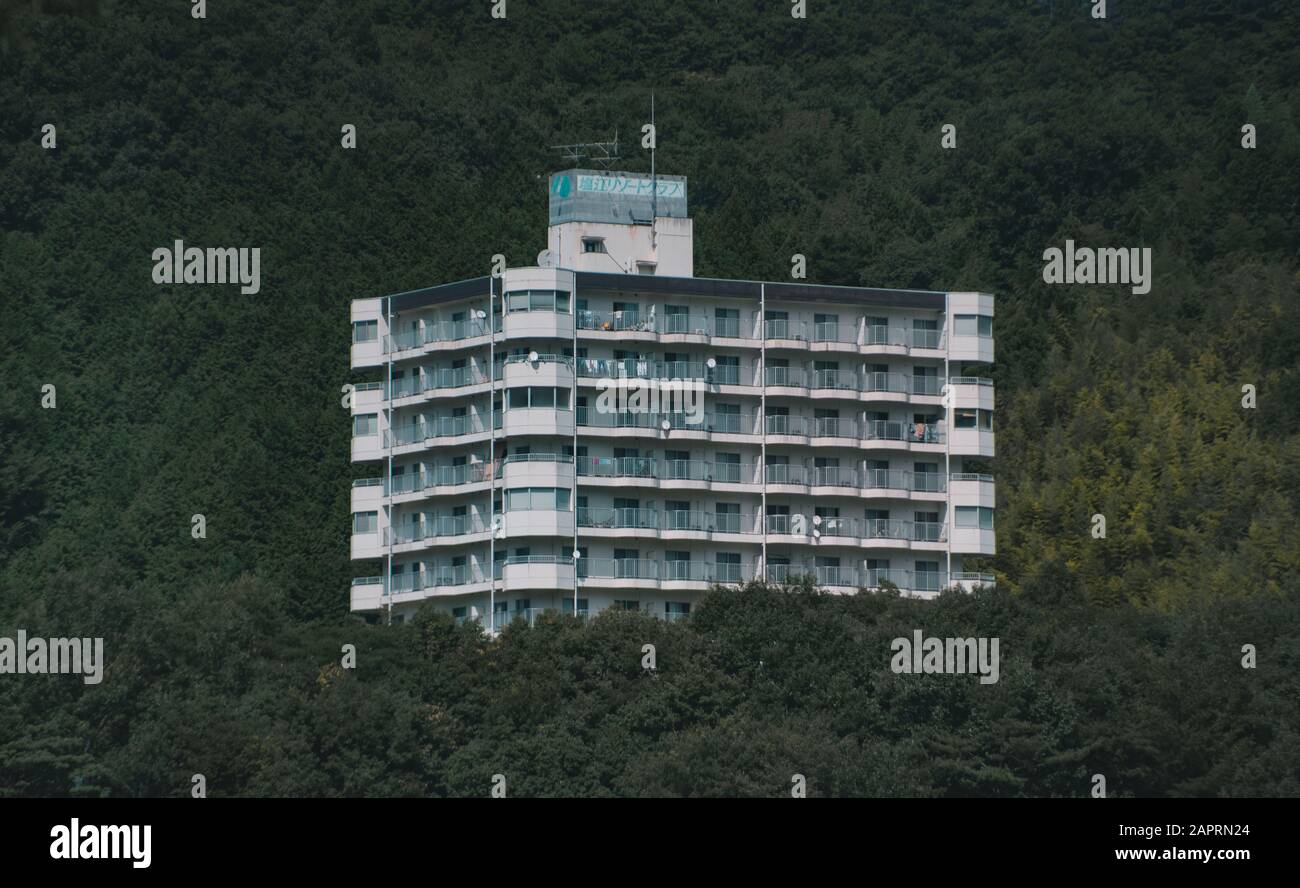Wide shot of a large apartment building in the middle of a forest ...