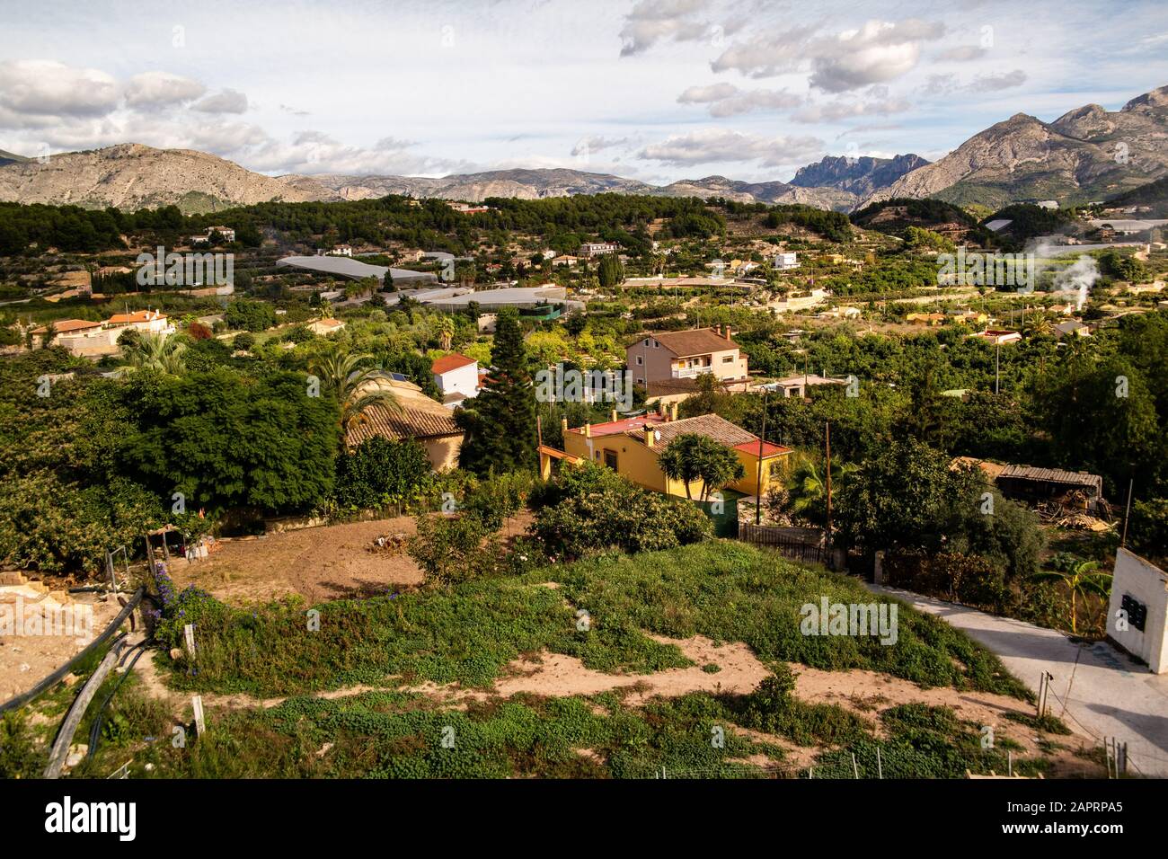 Bird's eye view of the lush nature and old buildings with beautiful ...