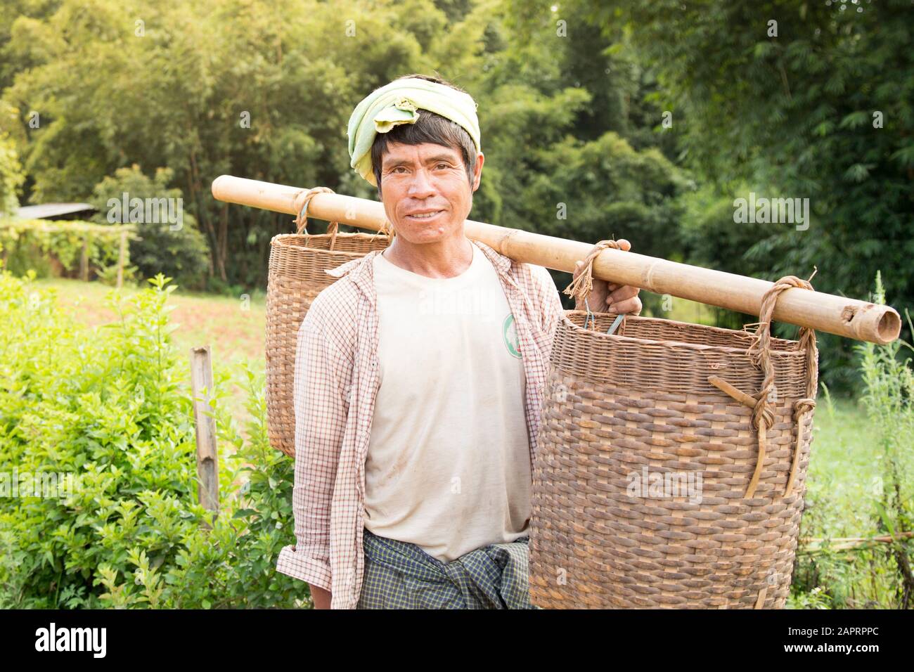 One Burmese farmer, carrying two baskets, in the Myanmar countryside ...