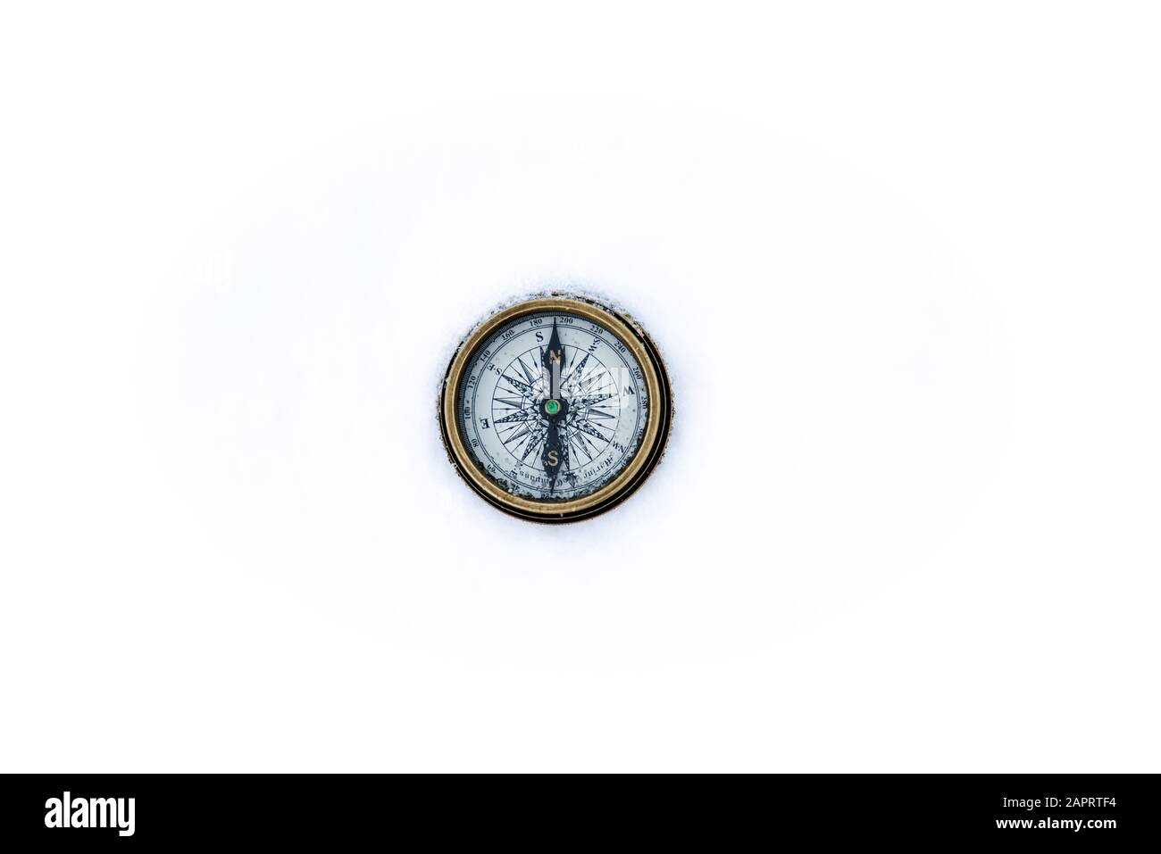 Compass for directions with a golden outer ring on a white background ...