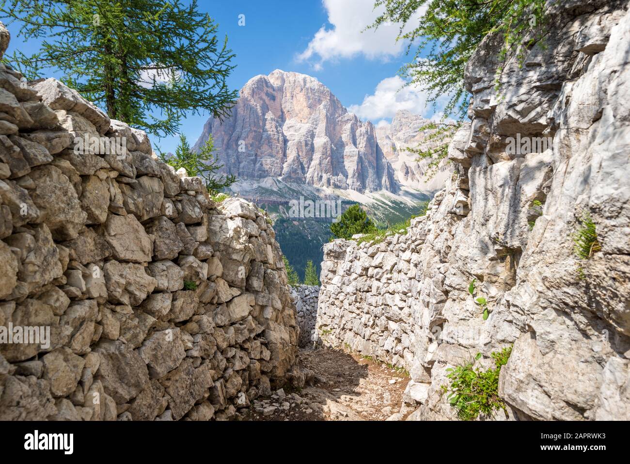 View of restored trench in Ampezzo dolomites, Italy. Part of open air ...