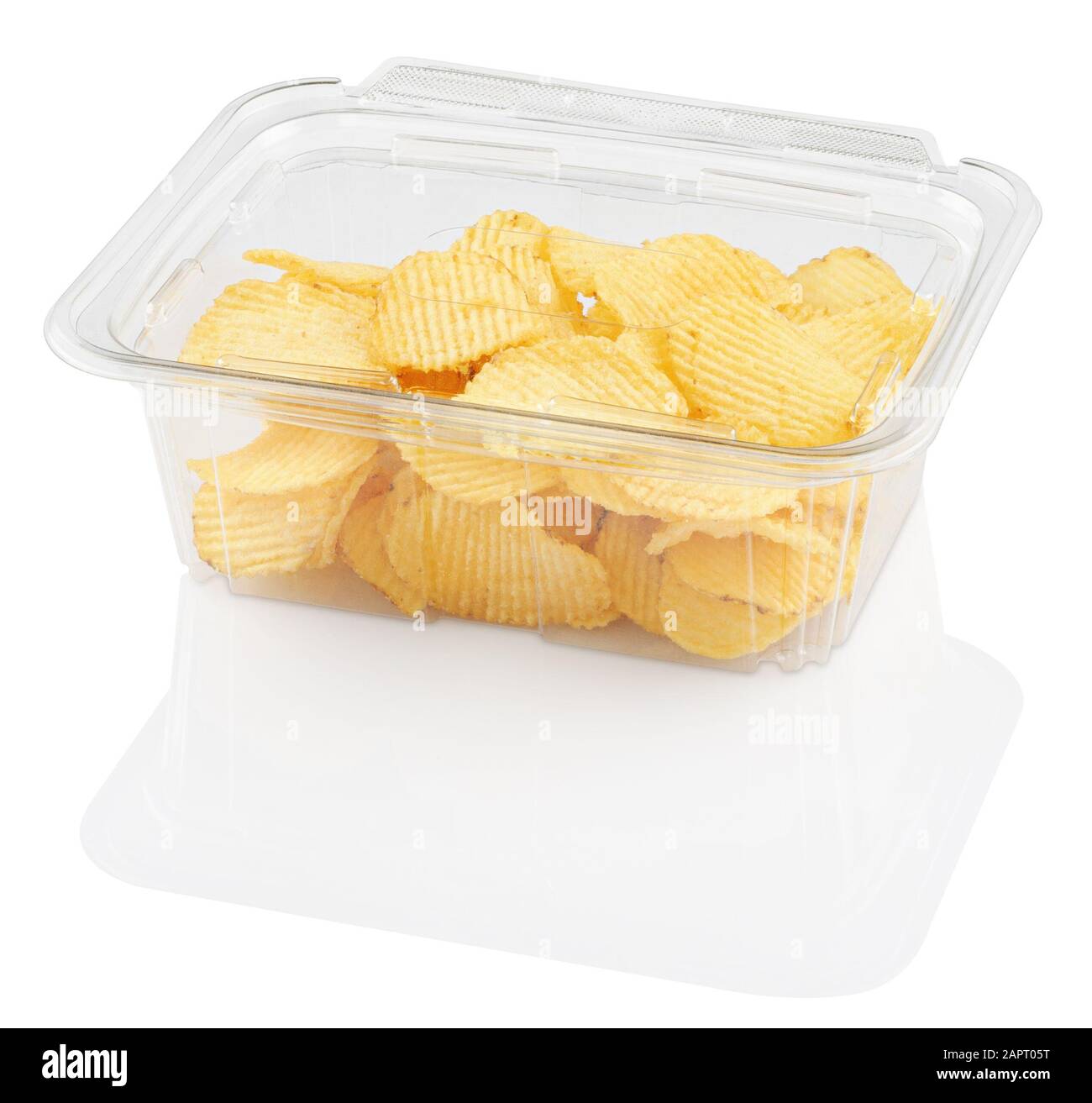 corrugated chips in a disposable food container, isolated on white with ...