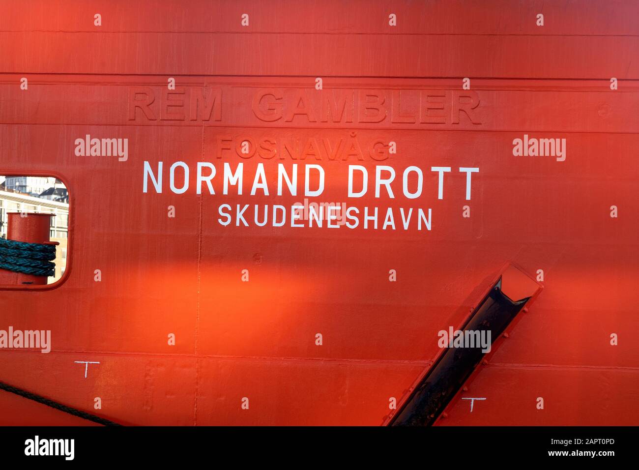 Ship name on hull at aft end of offshore anchor handling tug supply ...
