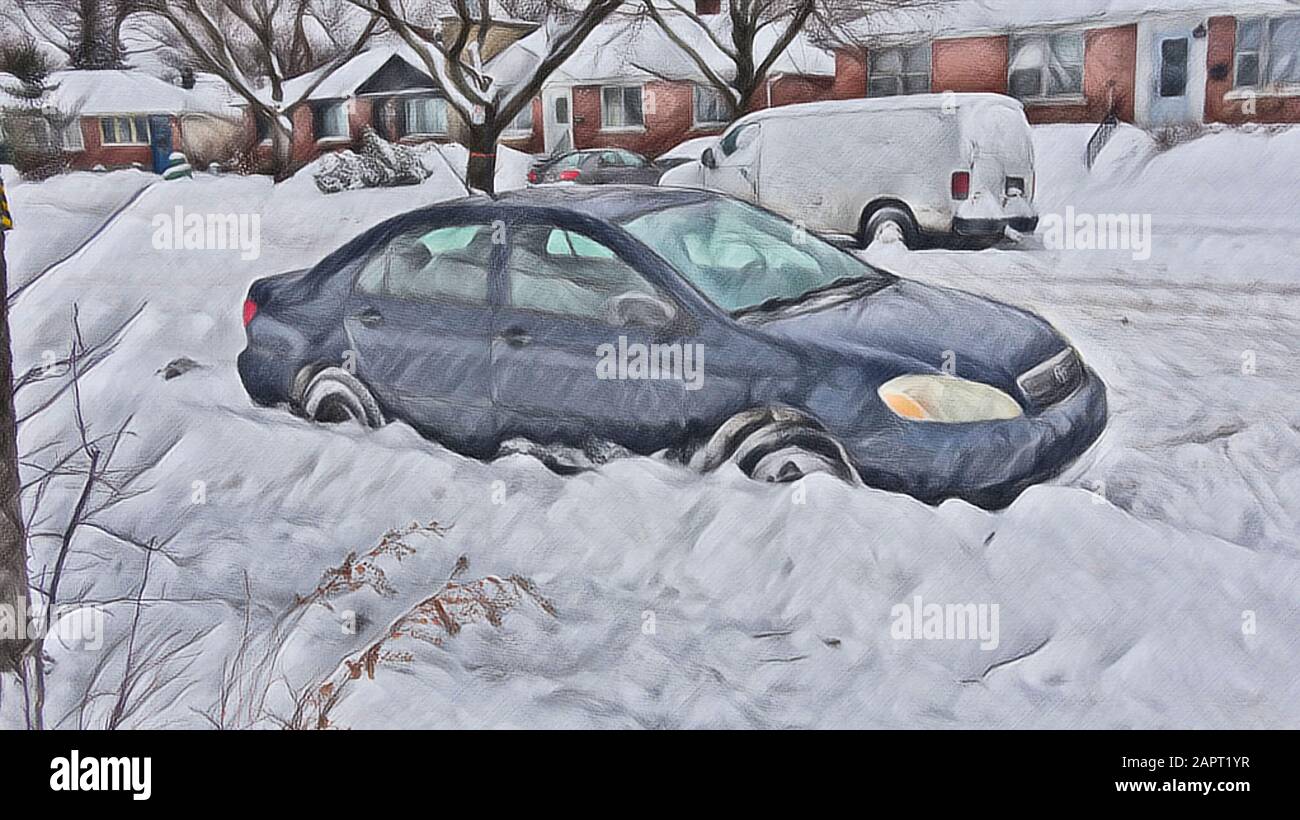 Car in snow . Computer painting digital rendering . Visible ...