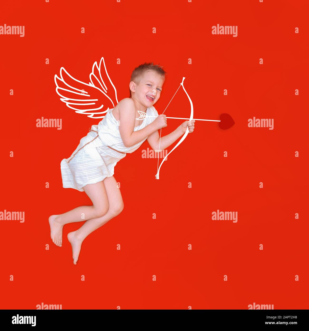 Happy smiling baby cupid in costume angel wings, bow and heart arrow ...