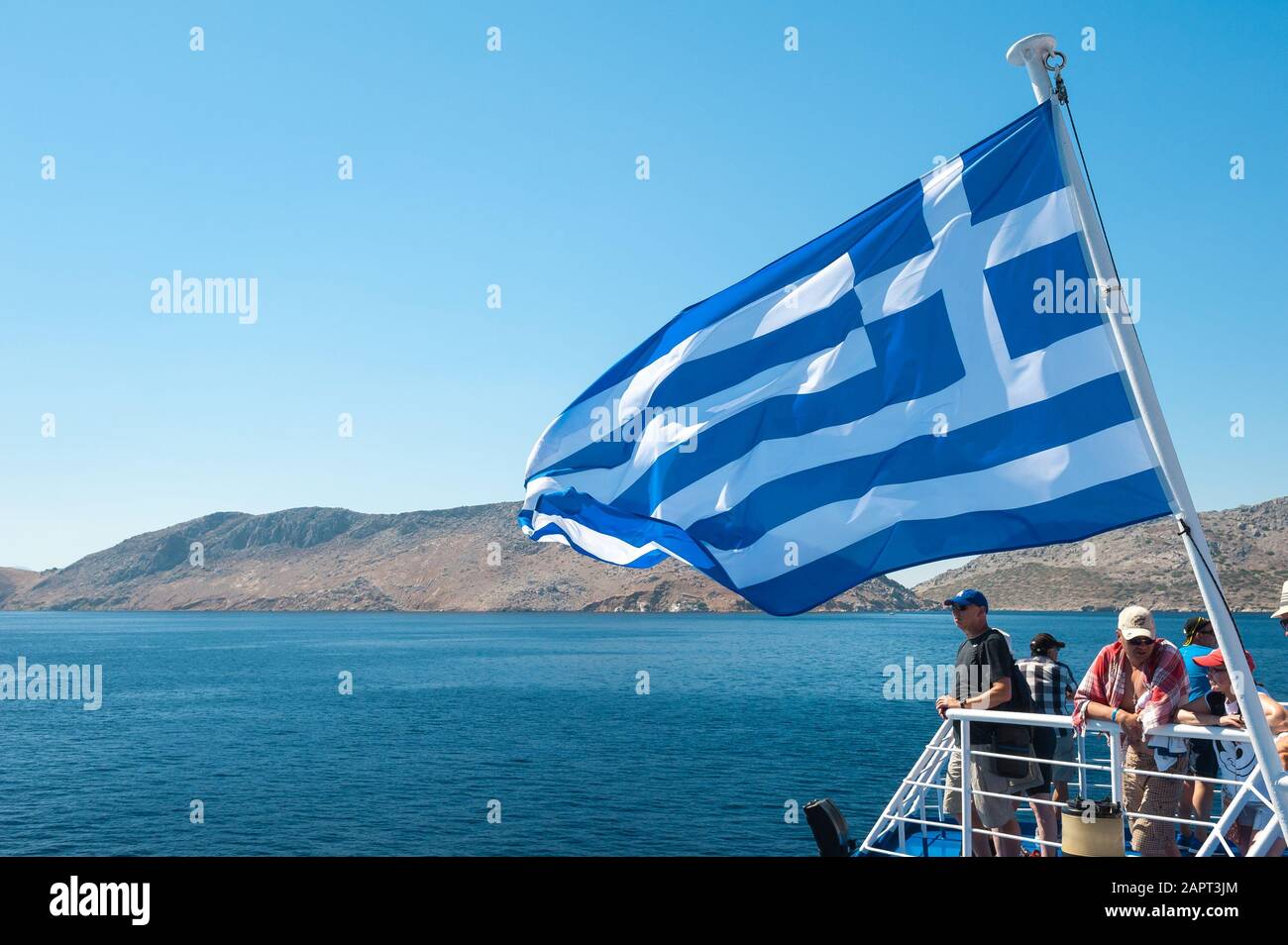 Greek flag on a boat, Symi, Greece, Europe Stock Photo - Alamy