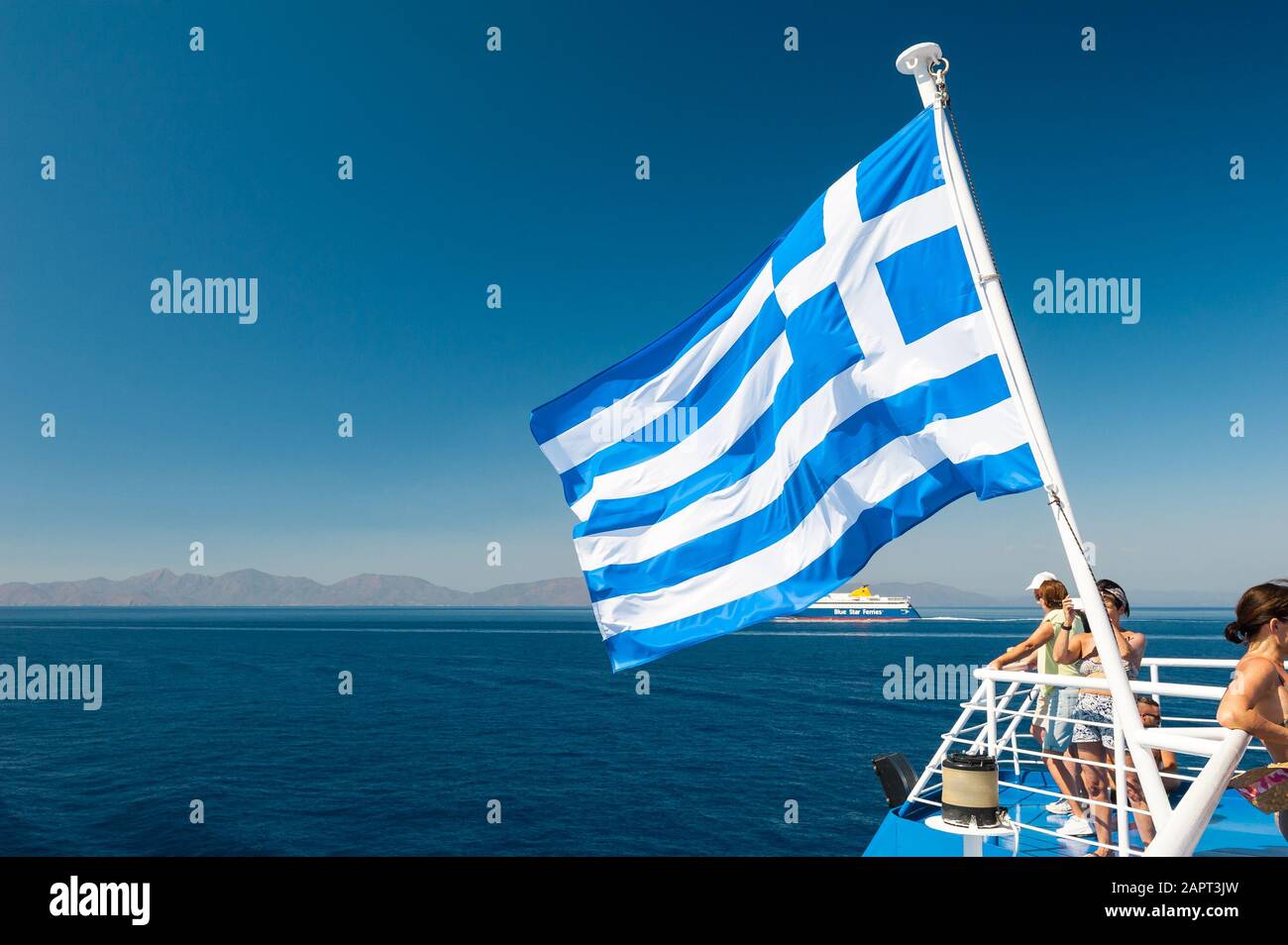 Greek flag on a boat, Symi, Greece, Europe Stock Photo - Alamy