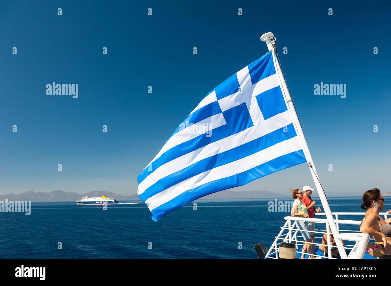 Greek flag on a boat, Symi, Greece, Europe Stock Photo - Alamy