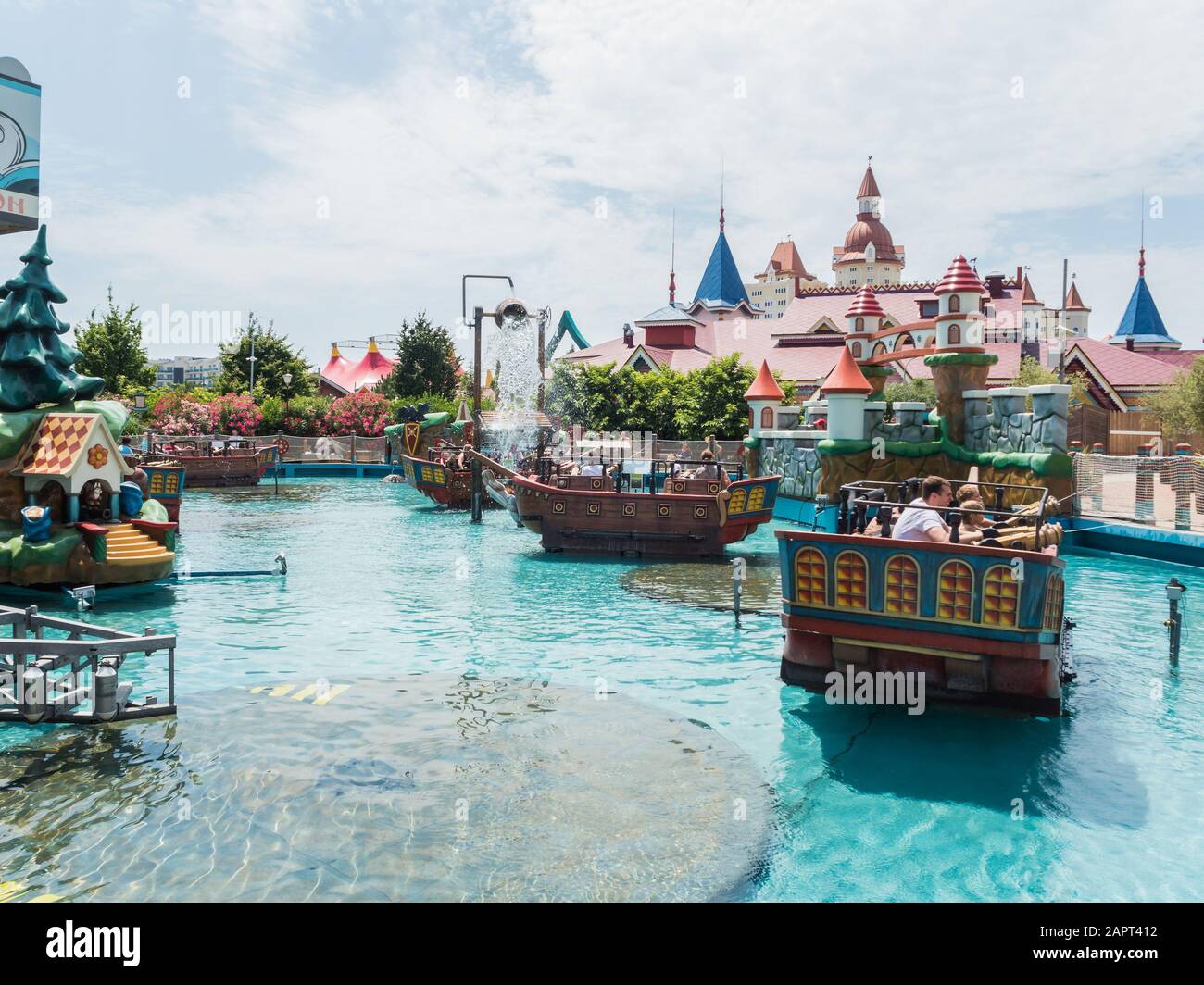 Water rides on boats for children and parents in Sochi Park. Russia ...