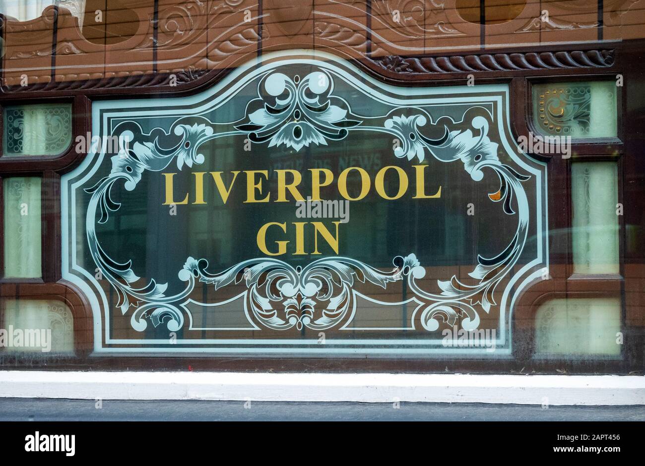 Ornate Liverpool Gin sign in a pub window in Liverpool Stock Photo - Alamy
