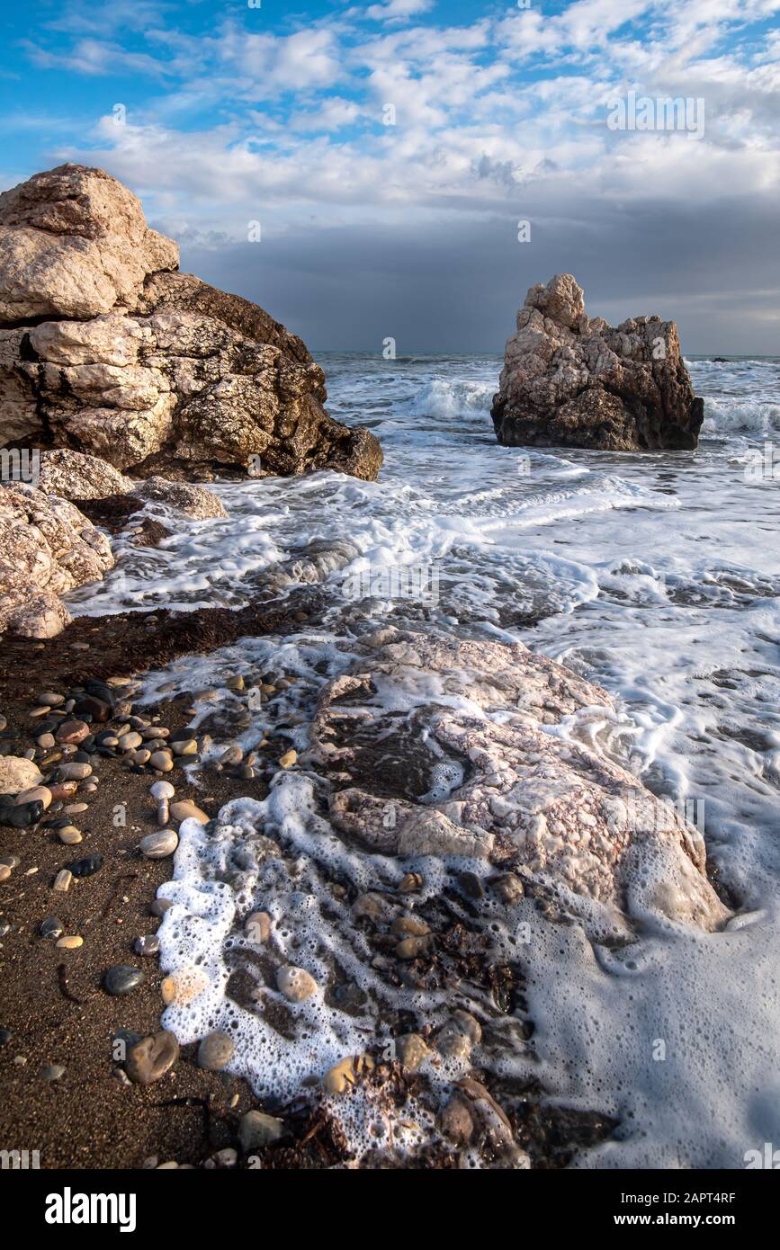 Seascape with windy waves during storm weather at the rocky coastal ...