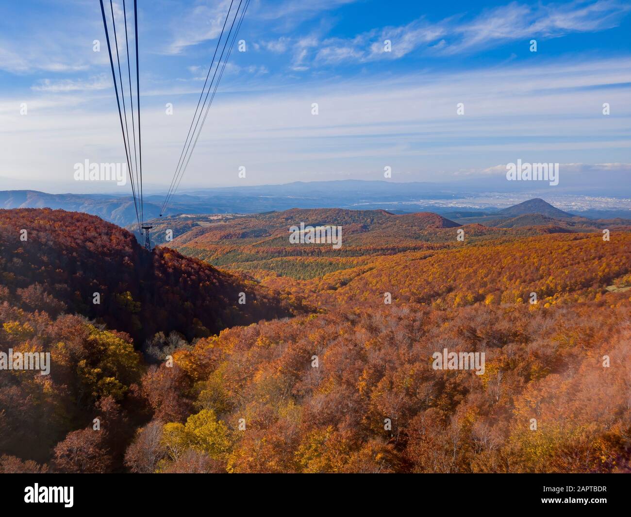 Aerial fall color of the Hakkoda Mountains with Hakkoda Ropeway at ...