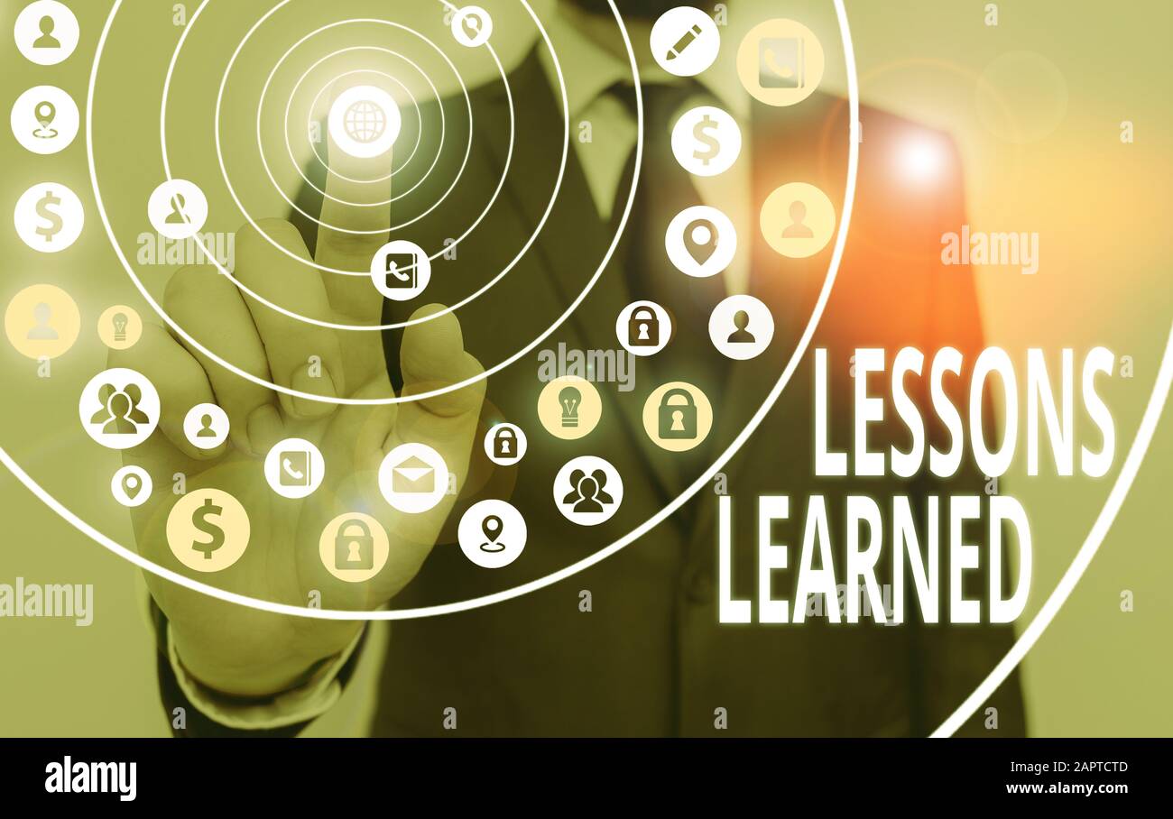 Writing note showing Lessons Learned. Business concept for the knowledge or understanding gained ...