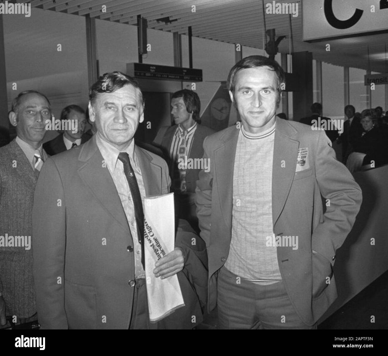 Polish football team arrives at Schiphol, trainer Kazimierz Górski and ...