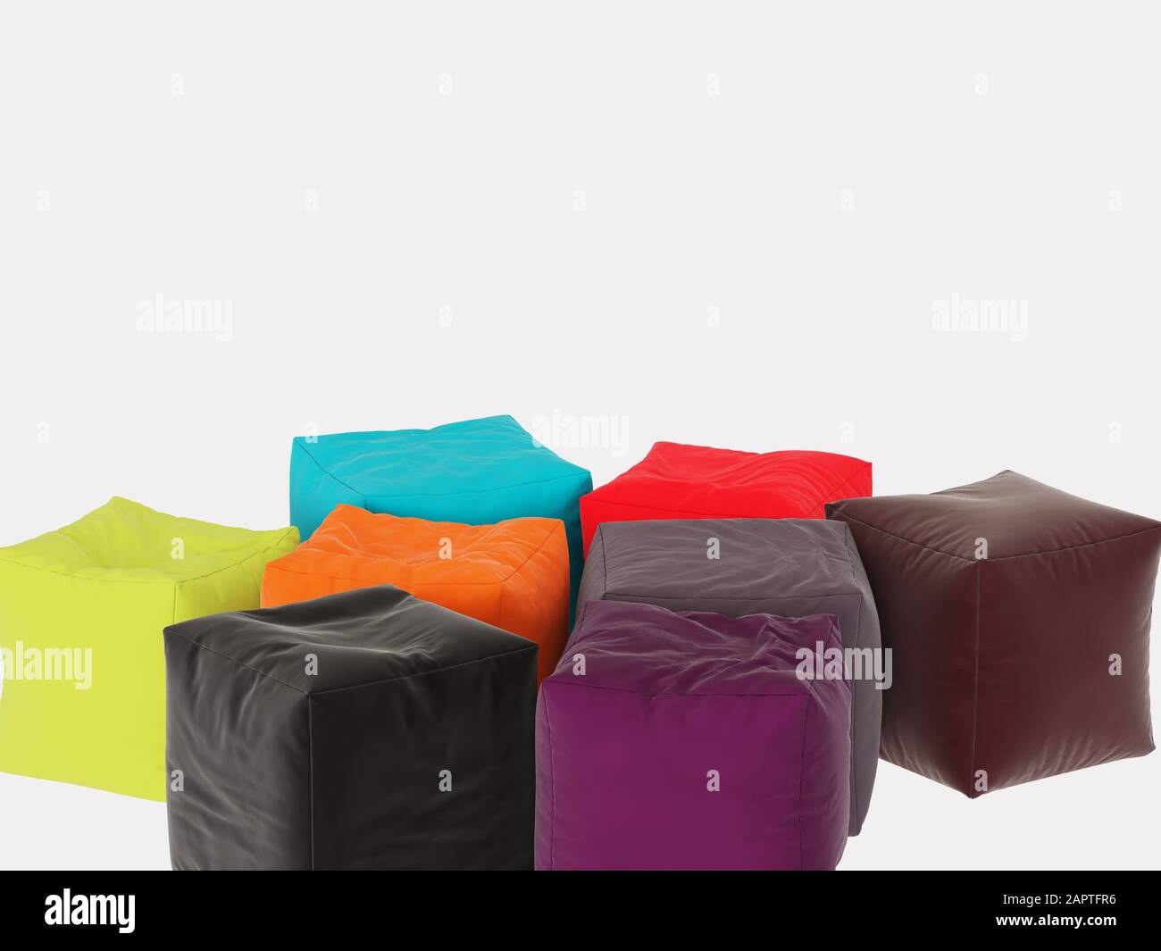 Collection of square colored poufs on a white background 3d rendering ...
