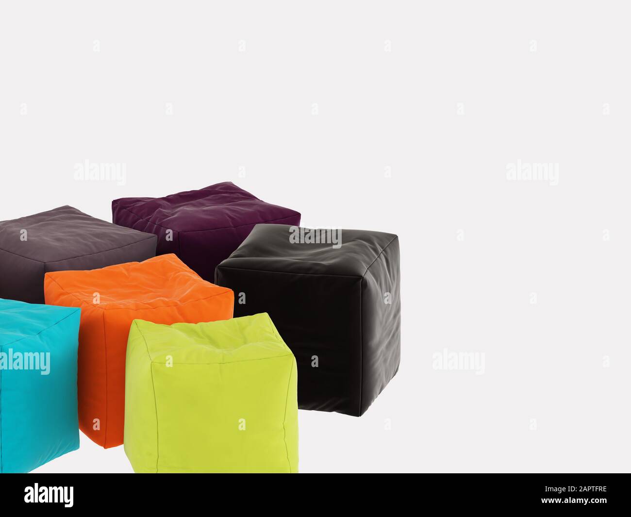 Collection of square colored poufs on a white background 3d rendering ...