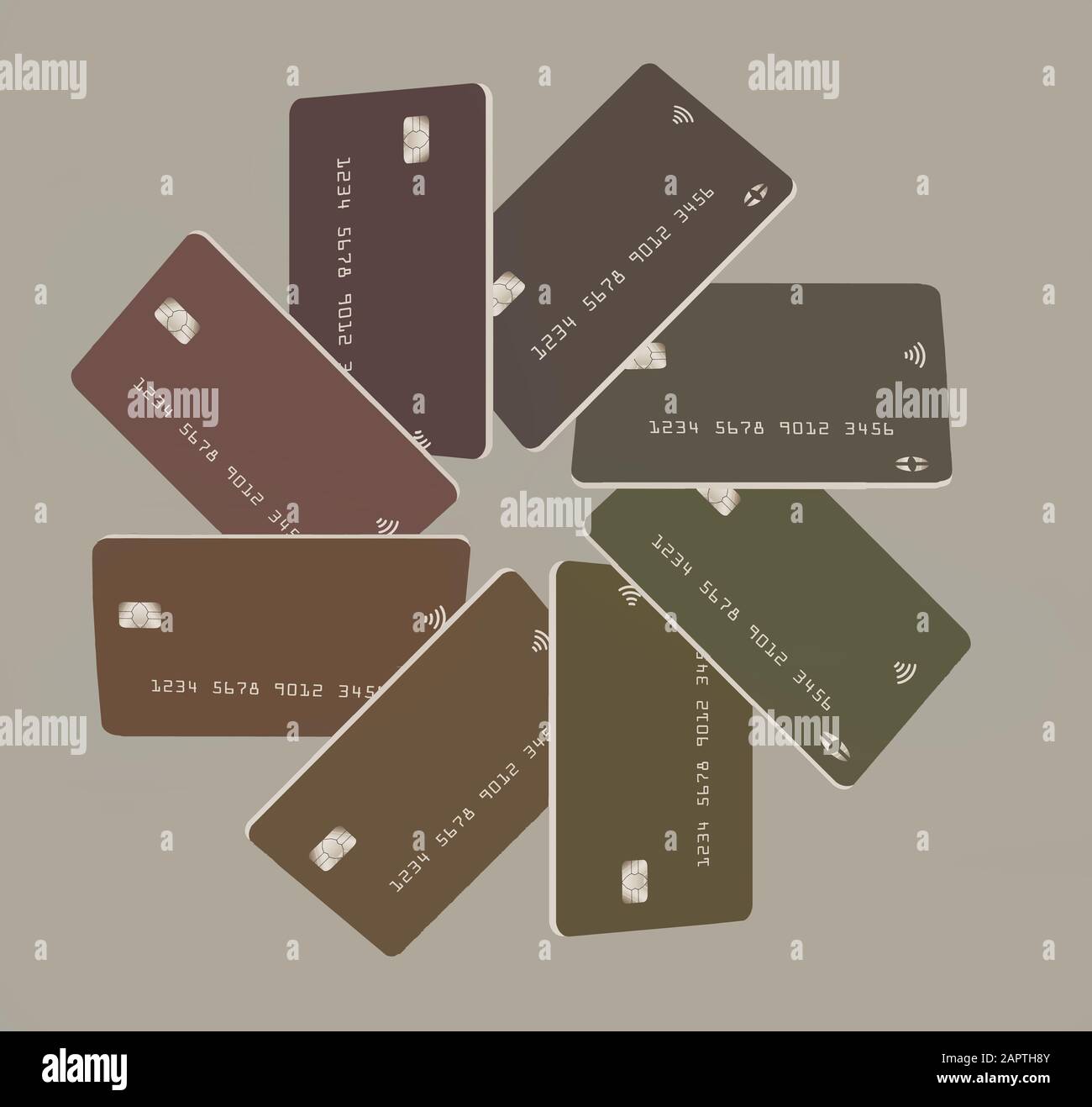 Eight mock generic credit cards or debit cards in subdued pastel colors ...