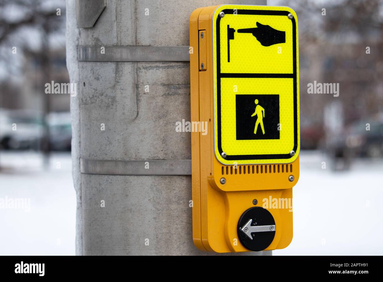 A modern yellow pedestrian call button is mounted on a metal traffic ...