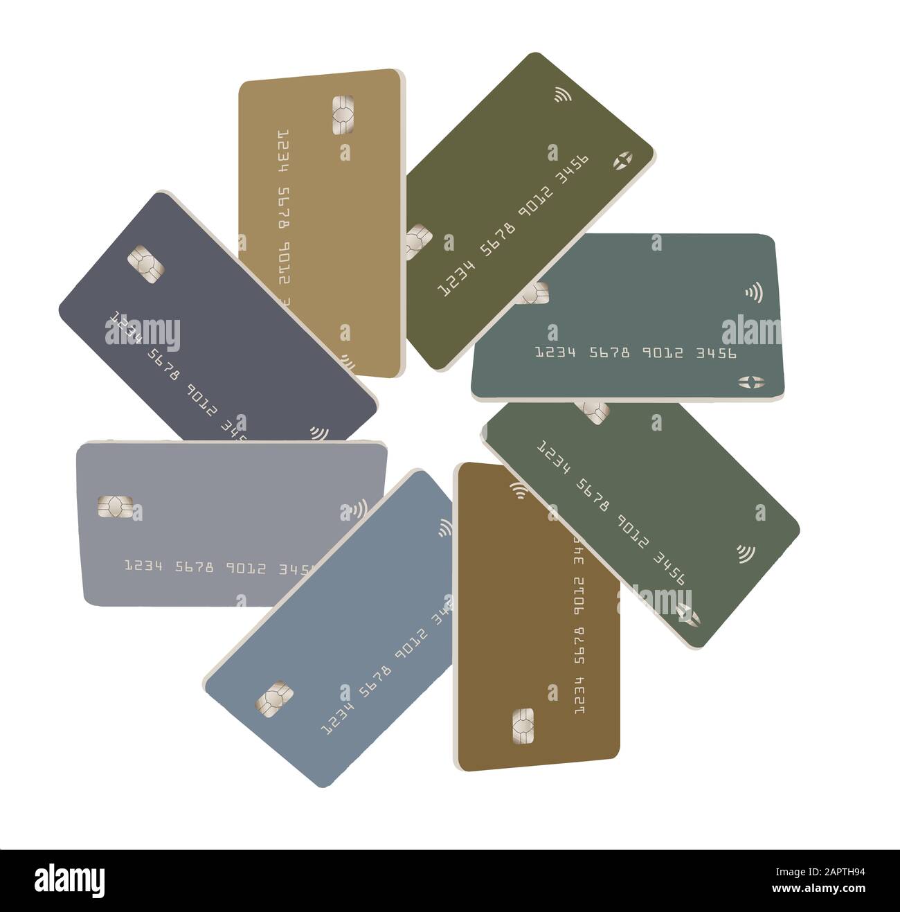 Eight mock generic credit cards or debit cards in subdued pastel colors ...