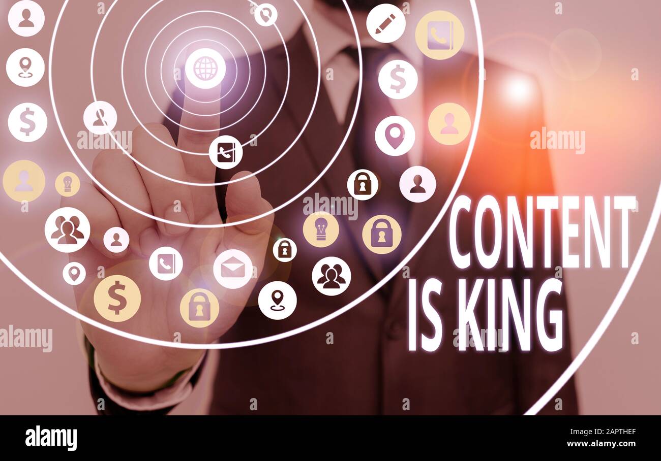 Writing note showing Content Is King. Business concept for believe that ...