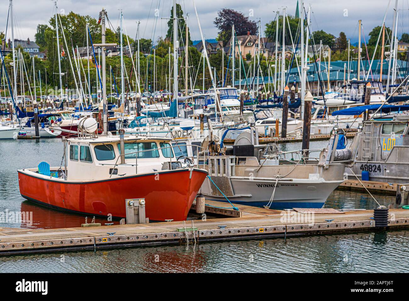 Red Boat in Marina Stock Photo - Alamy