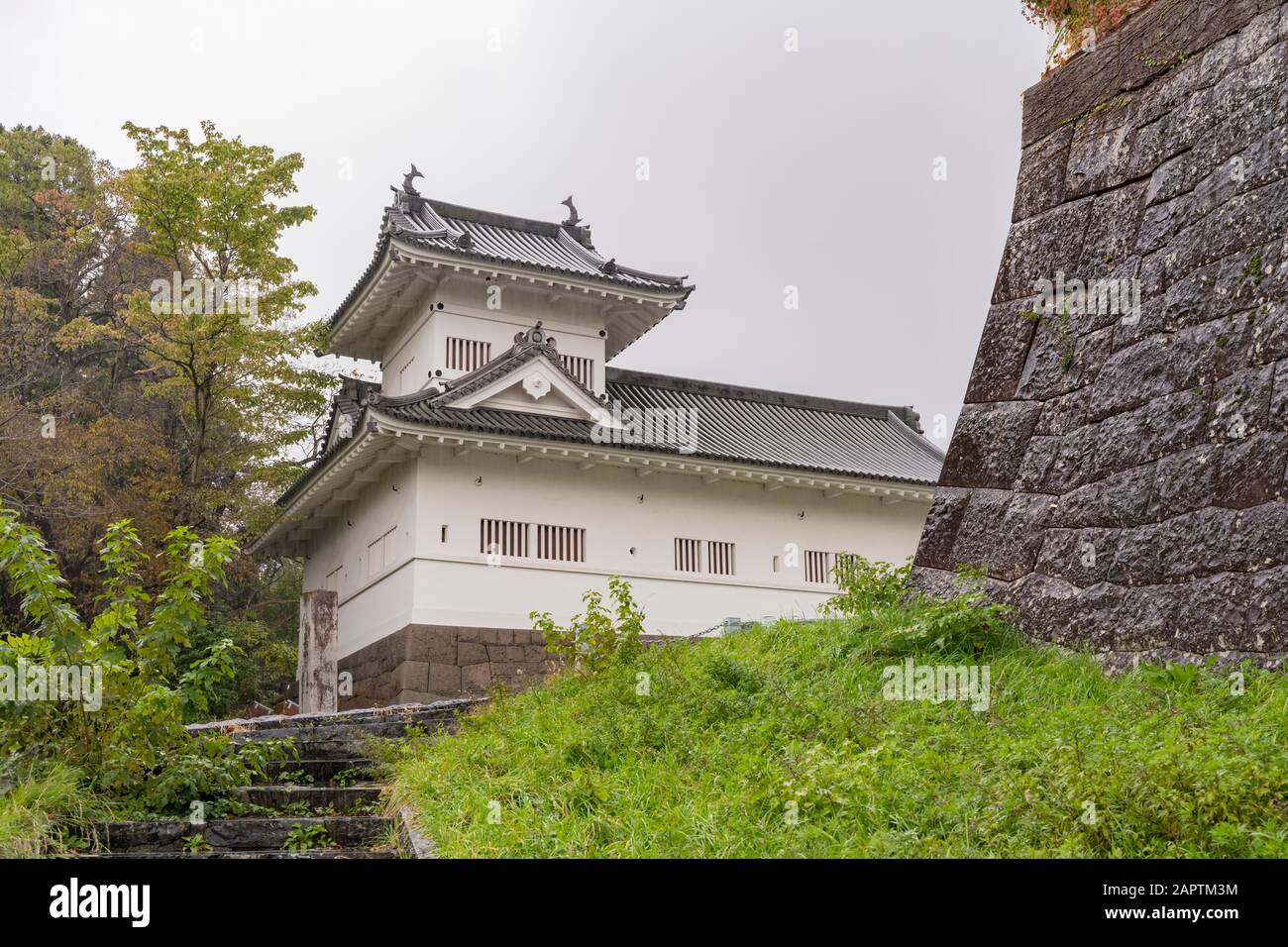 Rainy view of the hisotircal site of Sendai Castle at Sendai, Japan ...
